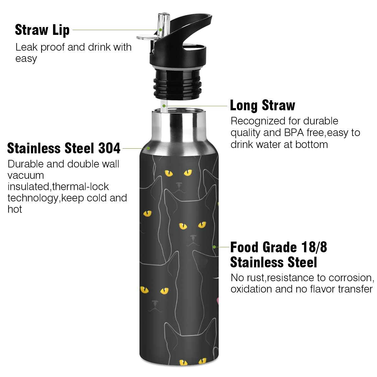 Yasala Water Bottle Black Cat Coffee Thermos Stainless Steel Insulated Beverage Container 20 oz with Straw Lid BPA-Free for Sport, Travel, Camping, Back to School