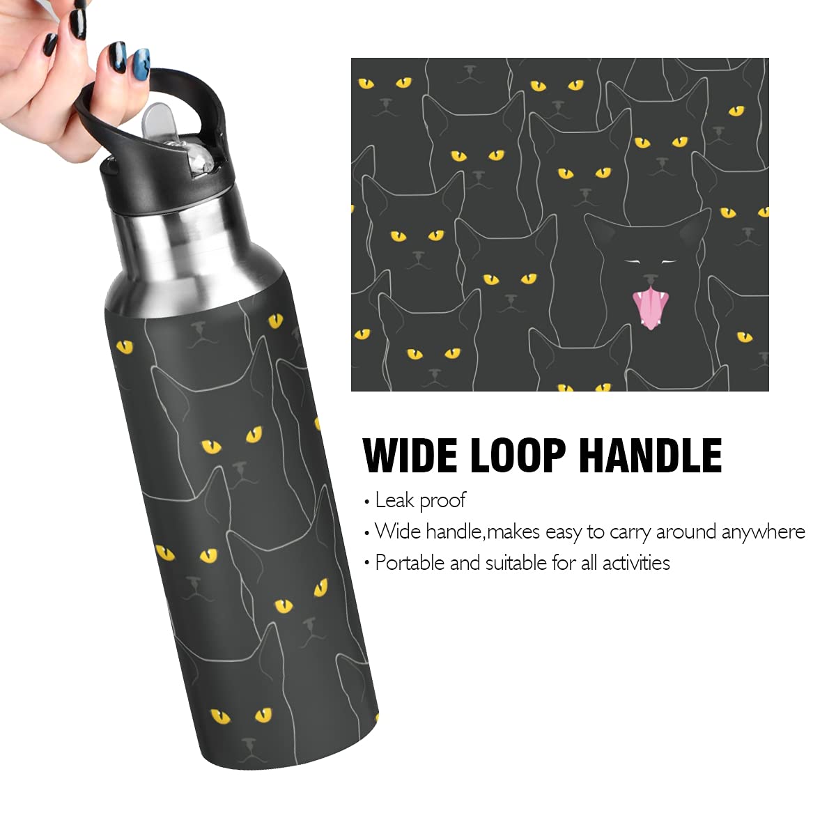 Yasala Water Bottle Black Cat Coffee Thermos Stainless Steel Insulated Beverage Container 20 oz with Straw Lid BPA-Free for Sport, Travel, Camping, Back to School