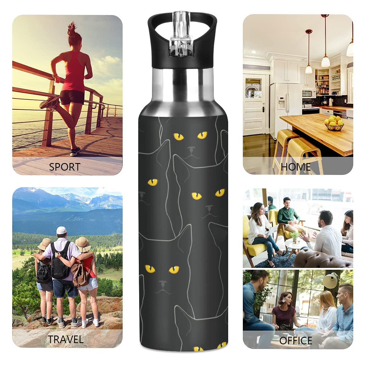 Yasala Water Bottle Black Cat Coffee Thermos Stainless Steel Insulated Beverage Container 20 oz with Straw Lid BPA-Free for Sport, Travel, Camping, Back to School