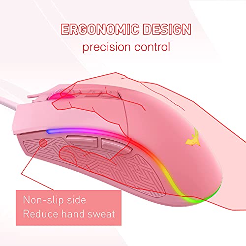 Havit RGB Gaming Mouse Wired Programmable Ergonomic USB Mice 4800 Dots Per Inch 7 Buttons & 7 Color Backlit for Laptop PC Gamer Computer Desktop (Pink) (Renewed)