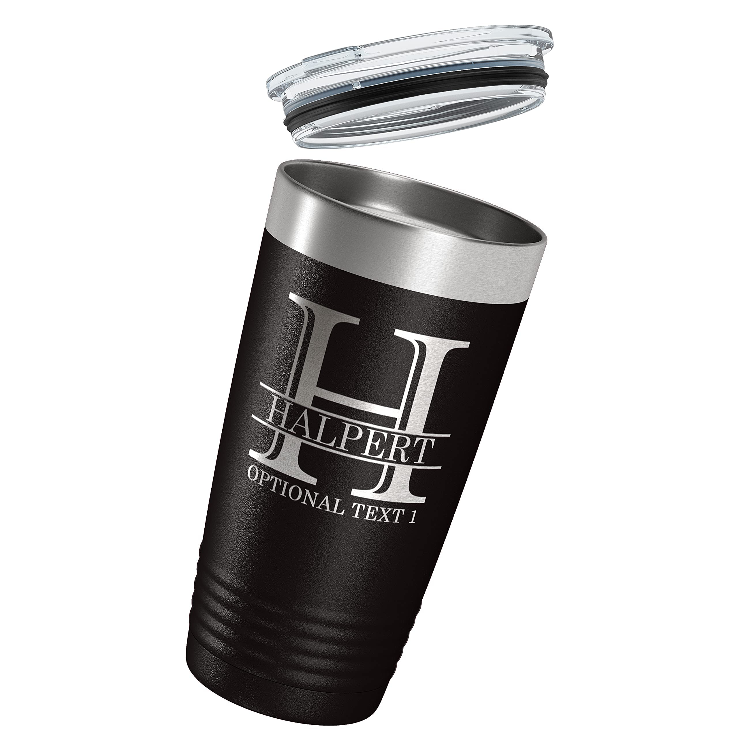 Personalized 20oz (17 Colors) Powder Coated Insulated Stainless Steel Tumbler with Lid, Custom Etched, Customized Engraved Gift Idea for Women Men Her Him, Halpert Monogram Initial Name (Black)