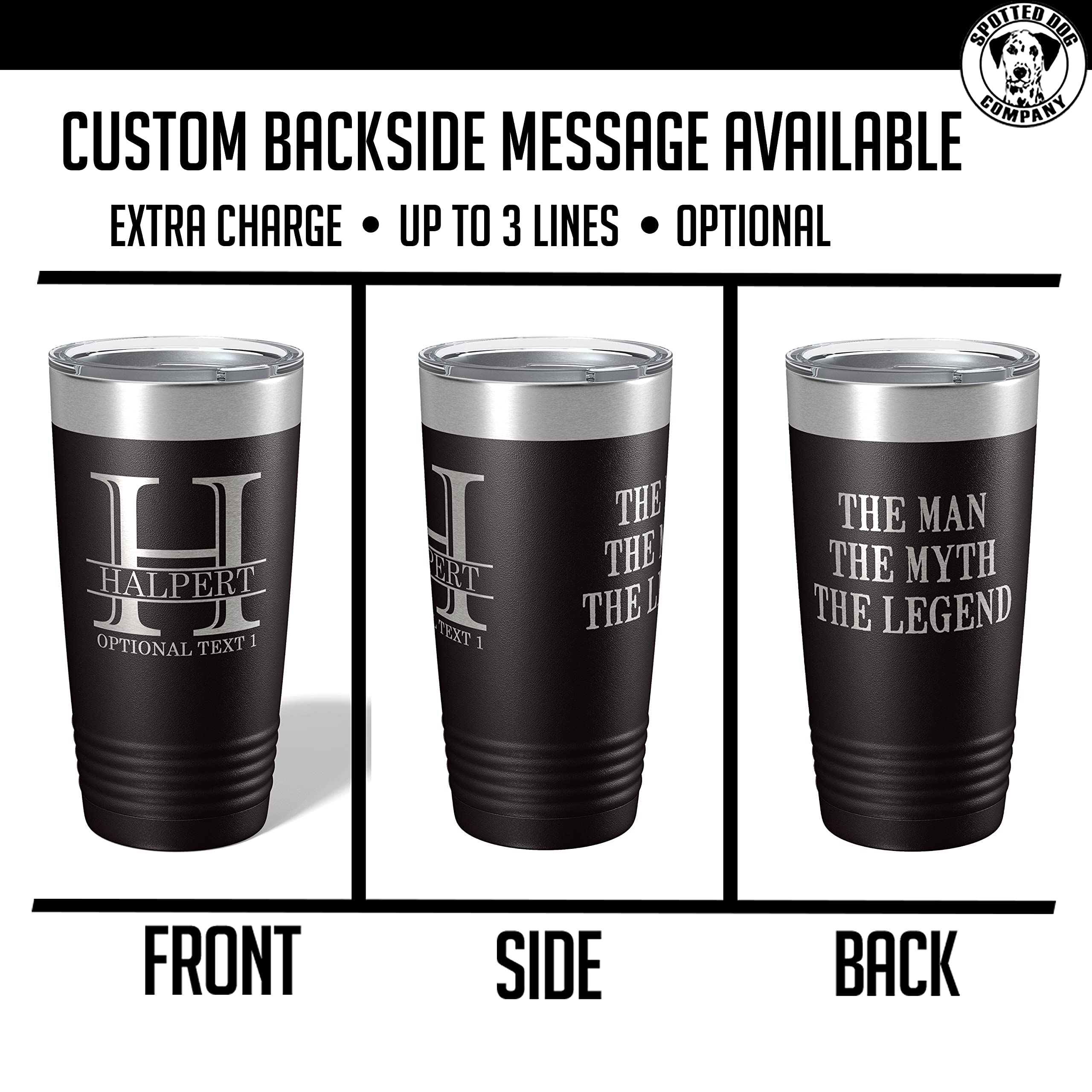 Personalized 20oz (17 Colors) Powder Coated Insulated Stainless Steel Tumbler with Lid, Custom Etched, Customized Engraved Gift Idea for Women Men Her Him, Halpert Monogram Initial Name (Black)