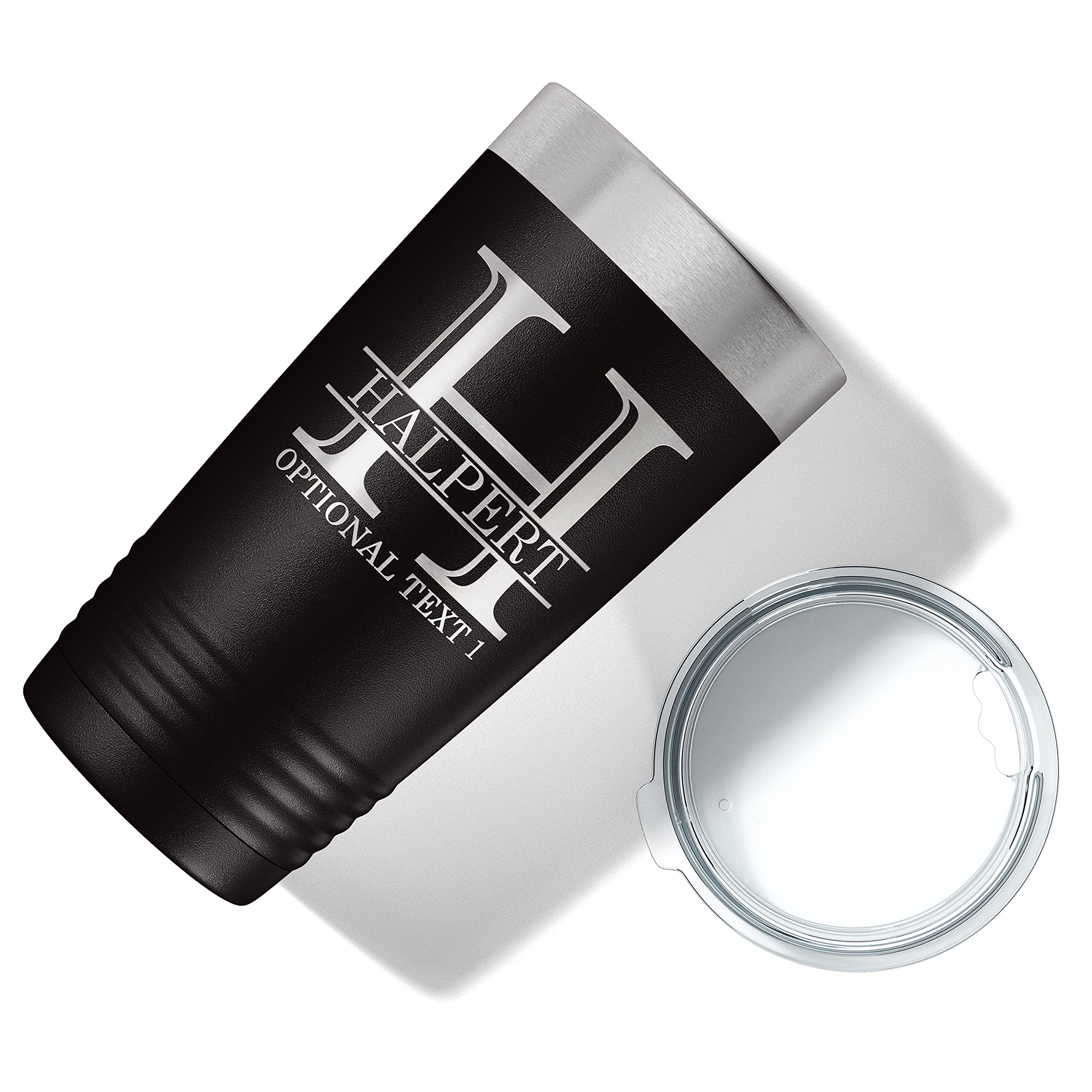 Personalized 20oz (17 Colors) Powder Coated Insulated Stainless Steel Tumbler with Lid, Custom Etched, Customized Engraved Gift Idea for Women Men Her Him, Halpert Monogram Initial Name (Black)