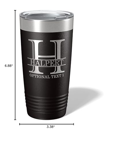 Personalized 20oz (17 Colors) Powder Coated Insulated Stainless Steel Tumbler with Lid, Custom Etched, Customized Engraved Gift Idea for Women Men Her Him, Halpert Monogram Initial Name (Black)