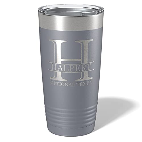 Personalized 20oz (17 Colors) Powder Coated Insulated Stainless Steel Tumbler with Lid, Custom Etched, Customized Engraved Gift Idea for Women Men Her Him, Halpert Monogram Initial Name (Gray)