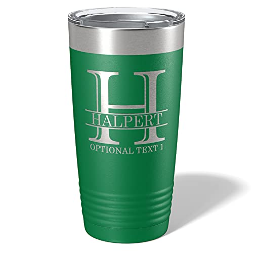 Personalized 20oz (17 Colors) Powder Coated Insulated Stainless Steel Tumbler with Lid, Custom Etched, Customized Engraved Gift Idea for Women Men Her Him, Halpert Monogram Initial Name (Green)