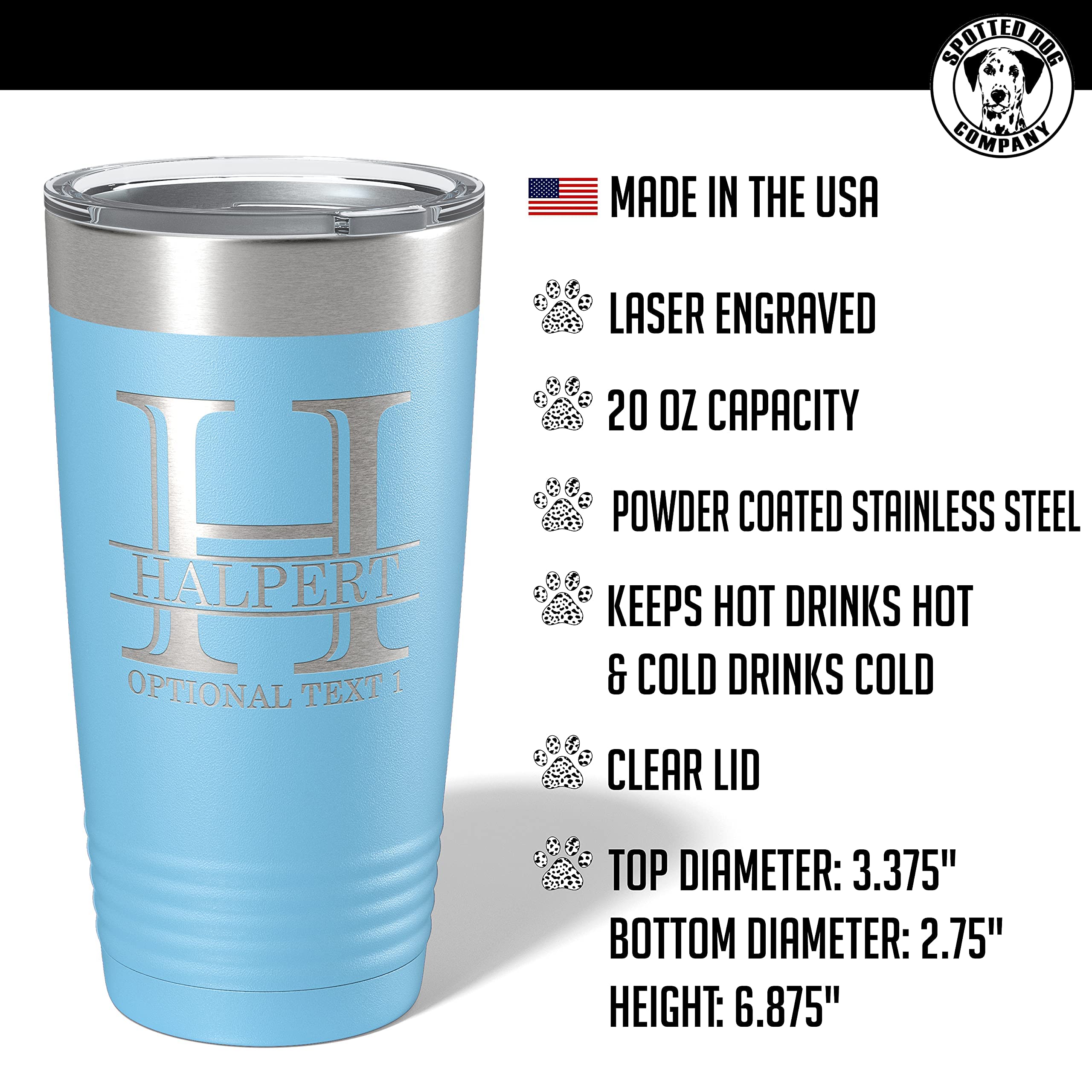 Personalized 20oz (17 Colors) Powder Coated Insulated Stainless Steel Tumbler with Lid, Custom Etched, Customized Engraved Gift Idea for Women Men Her Him, Halpert Monogram Initial Name (Light Blue)