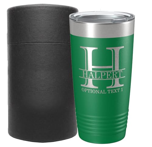 Personalized 20oz (17 Colors) Powder Coated Insulated Stainless Steel Tumbler with Lid, Custom Etched, Customized Engraved Gift Idea for Women Men Her Him, Halpert Monogram Initial Name (Green)