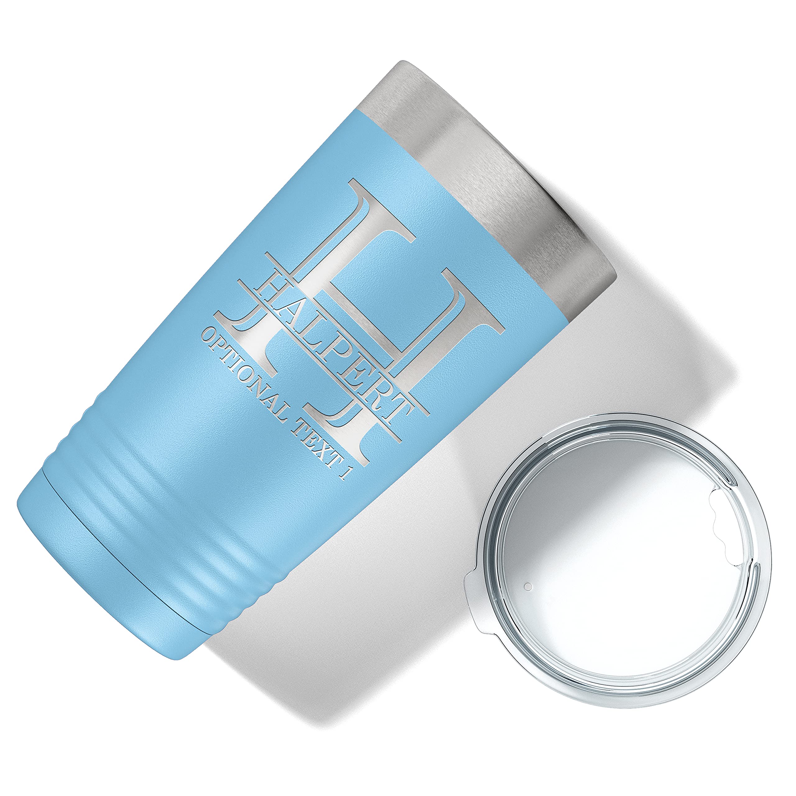 Personalized 20oz (17 Colors) Powder Coated Insulated Stainless Steel Tumbler with Lid, Custom Etched, Customized Engraved Gift Idea for Women Men Her Him, Halpert Monogram Initial Name (Light Blue)