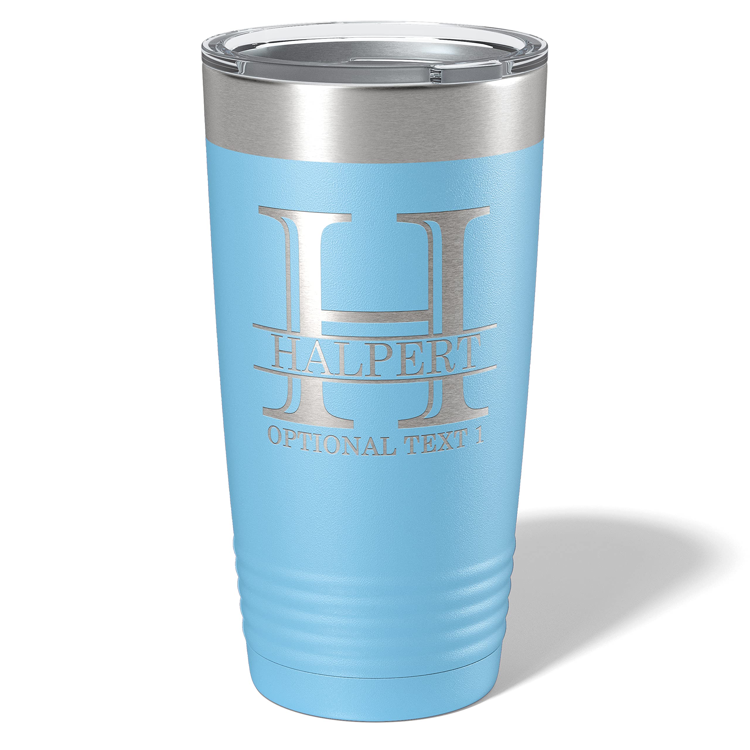 Personalized 20oz (17 Colors) Powder Coated Insulated Stainless Steel Tumbler with Lid, Custom Etched, Customized Engraved Gift Idea for Women Men Her Him, Halpert Monogram Initial Name (Light Blue)
