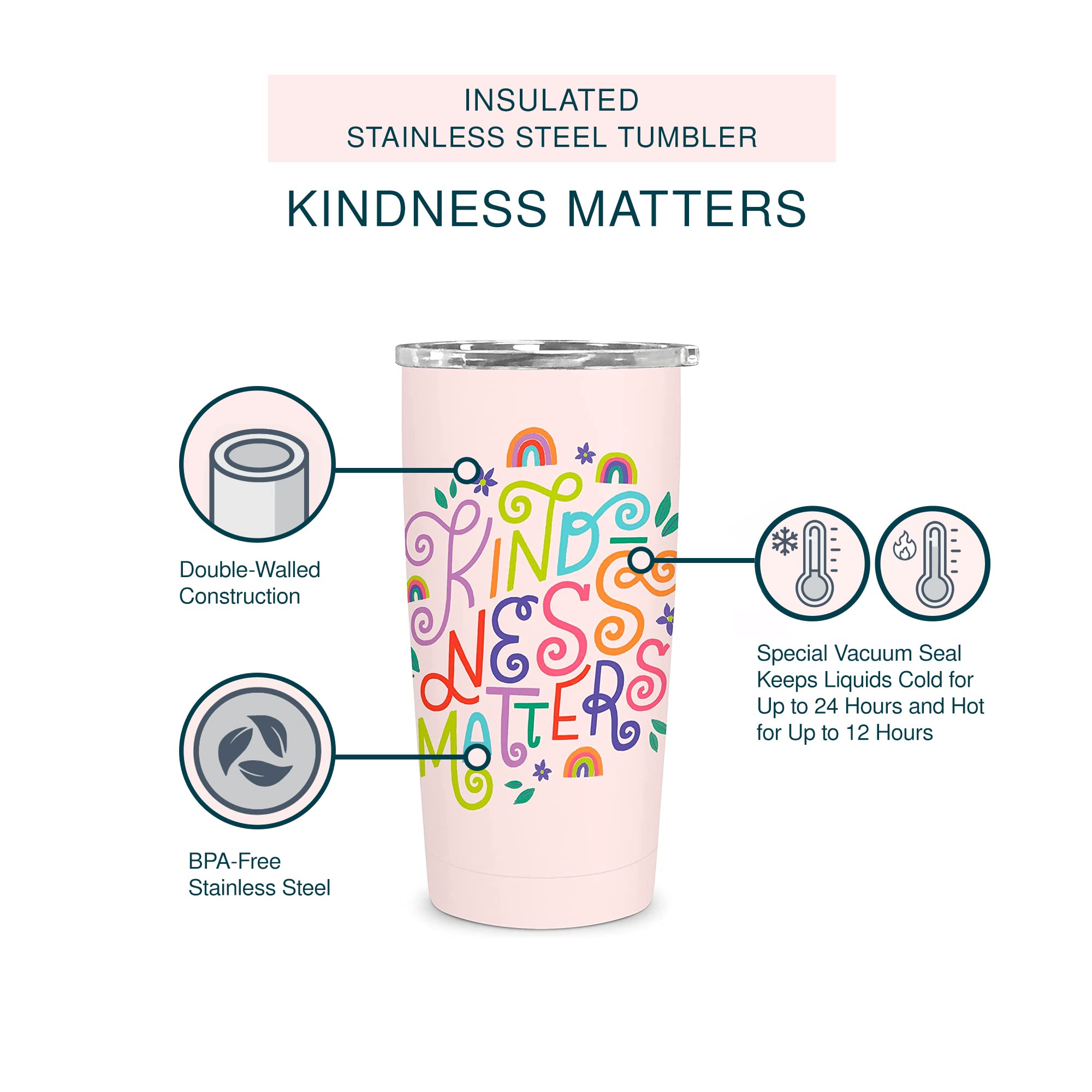 Studio Oh! Insulated Stainless-Steel Tumbler - Double-Walled 17-Ounce Travel Cup - Vacuum Seal Keeps Liquids Hot or Cold for Hours - Fits Standard Size Cup Holders - Kindness Matters