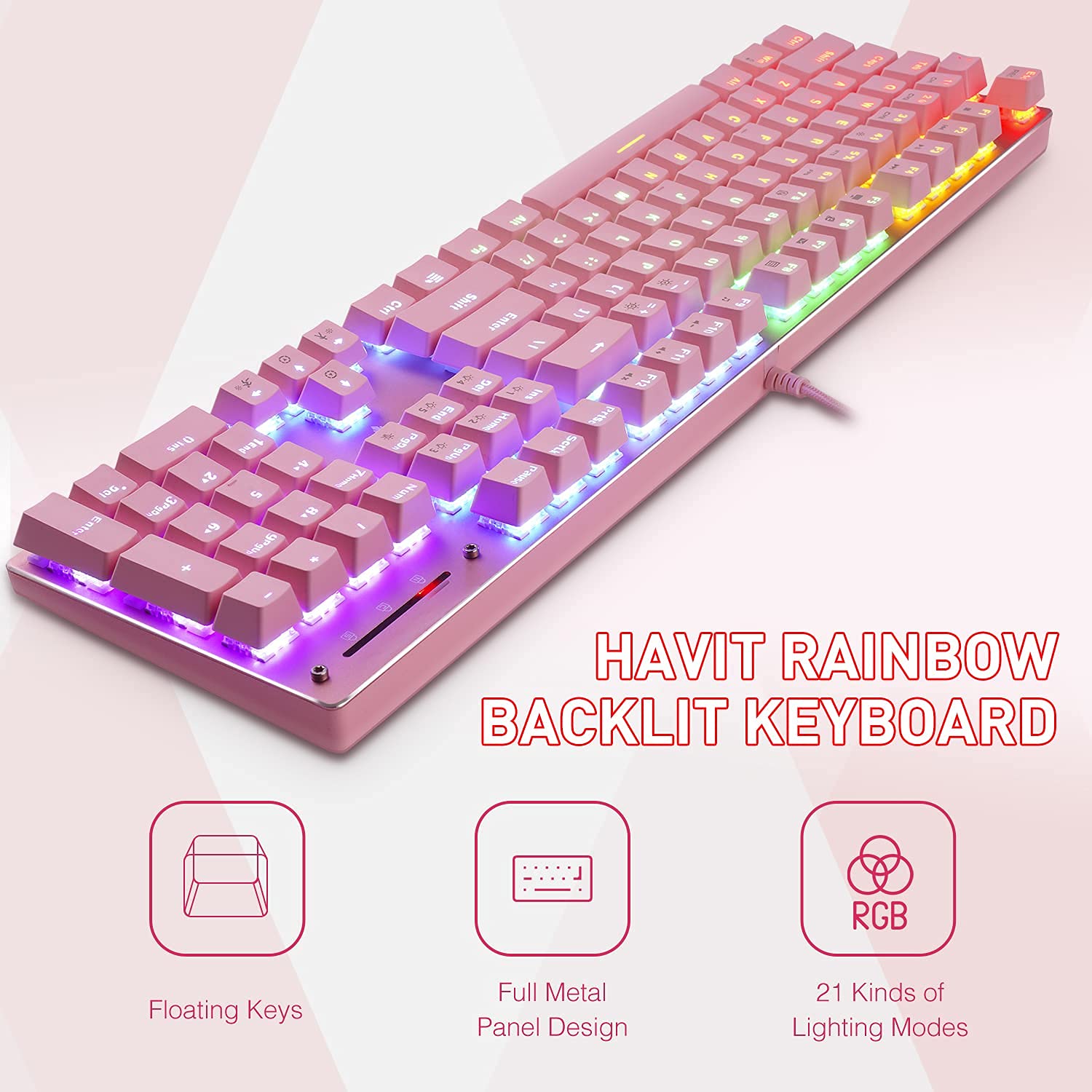 havit Havit Mechanical Gaming Keyboard and Mouse Combo Blue Switch 104 Keys Rainbow Backlit Keyboards, 4800 Dots Per Inch 7 Button Mouse Wired for PC Gamer Computer Laptop (Pink) (Renewed)