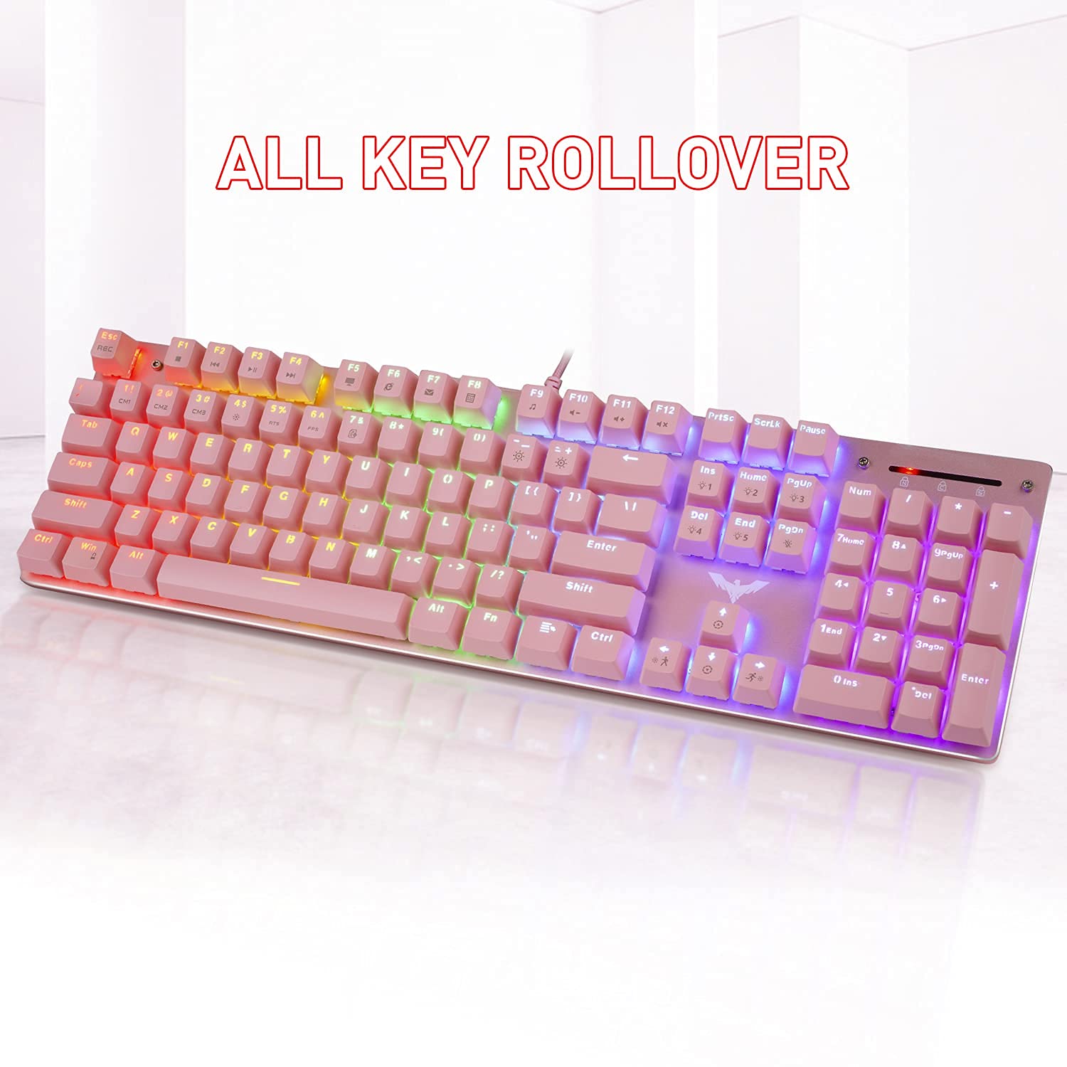 havit Havit Mechanical Gaming Keyboard and Mouse Combo Blue Switch 104 Keys Rainbow Backlit Keyboards, 4800 Dots Per Inch 7 Button Mouse Wired for PC Gamer Computer Laptop (Pink) (Renewed)