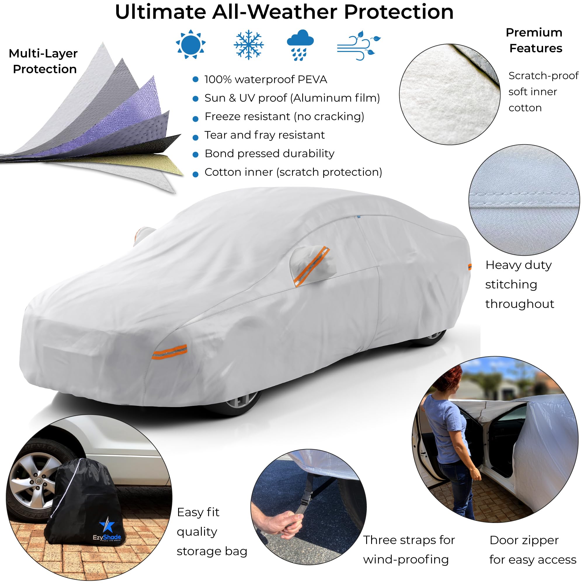 EzyShade 10-Layer Car Cover Waterproof All Weather - See Vehicle Size-Chart - Car Covers for Automobiles & Car Snow Cover - Full Exterior Covers - Winter Rain Sun SUV Sedan. Size A4 (See SizeChart)