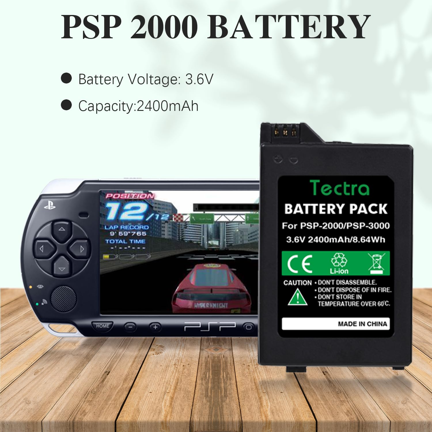 Tectra PSP 2000 Battery, 2400mAh 3.6V Rechargeable Battery Replacement for Sony PSP 3000 / PSP Slim 2000, PSP-2001, PSP-3000, PSP-3001, PSP-3002, PSP-3004, PSP-S110 Console