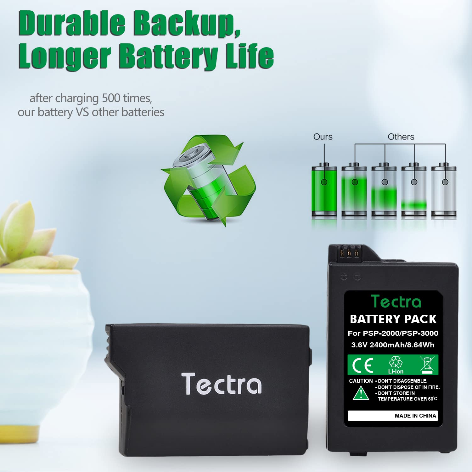 Tectra PSP 2000 Battery, 2400mAh 3.6V Rechargeable Battery Replacement for Sony PSP 3000 / PSP Slim 2000, PSP-2001, PSP-3000, PSP-3001, PSP-3002, PSP-3004, PSP-S110 Console