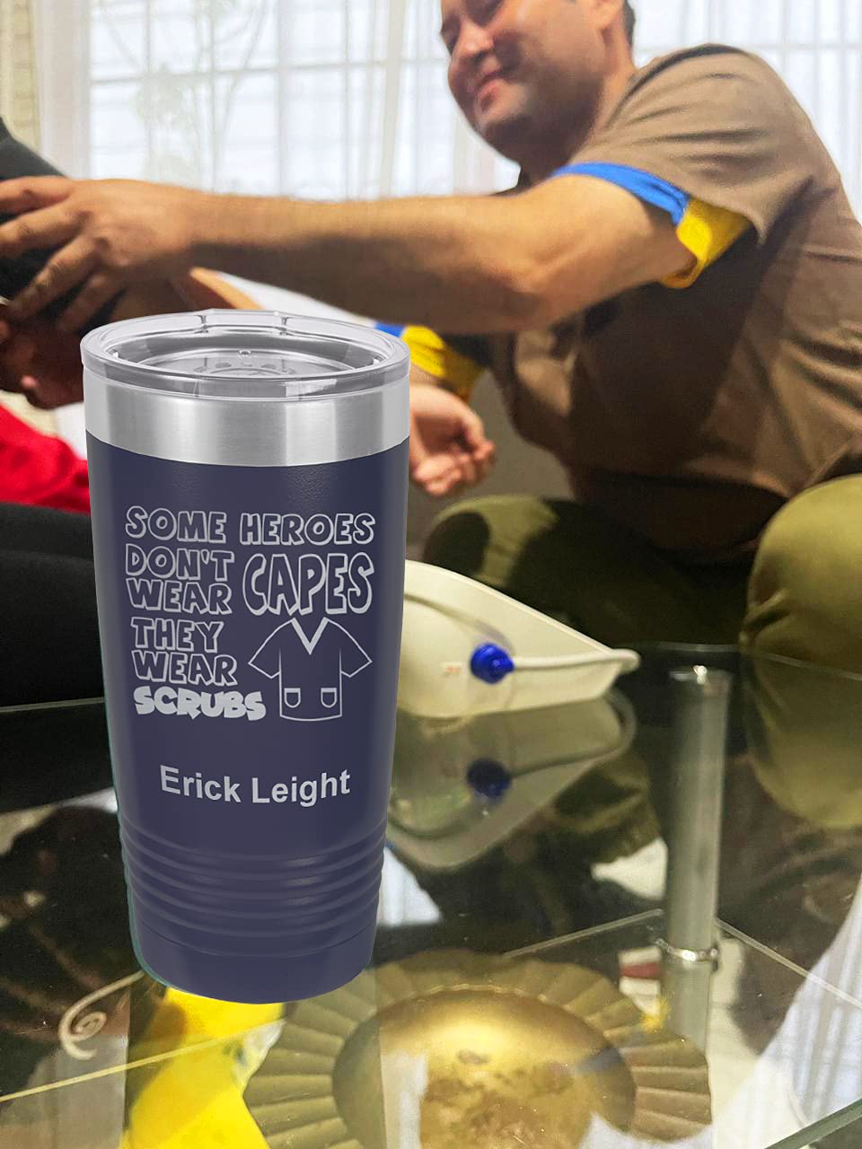 LaserGram 20oz Tumbler Mug | Some Heroes don't Wear Capes, They Wear Scrubs | Personalized Engraving Included (Navy Blue)