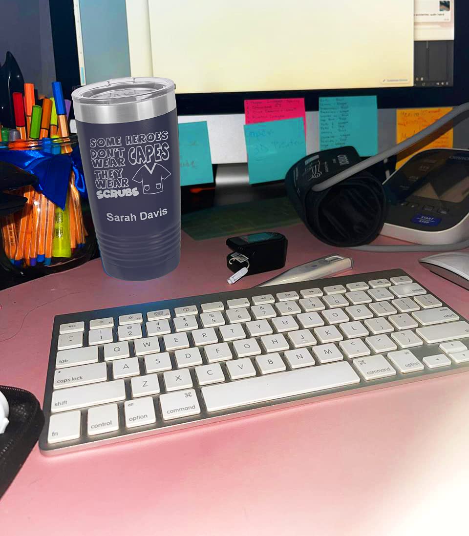 LaserGram 20oz Tumbler Mug | Some Heroes don't Wear Capes, They Wear Scrubs | Personalized Engraving Included (Navy Blue)