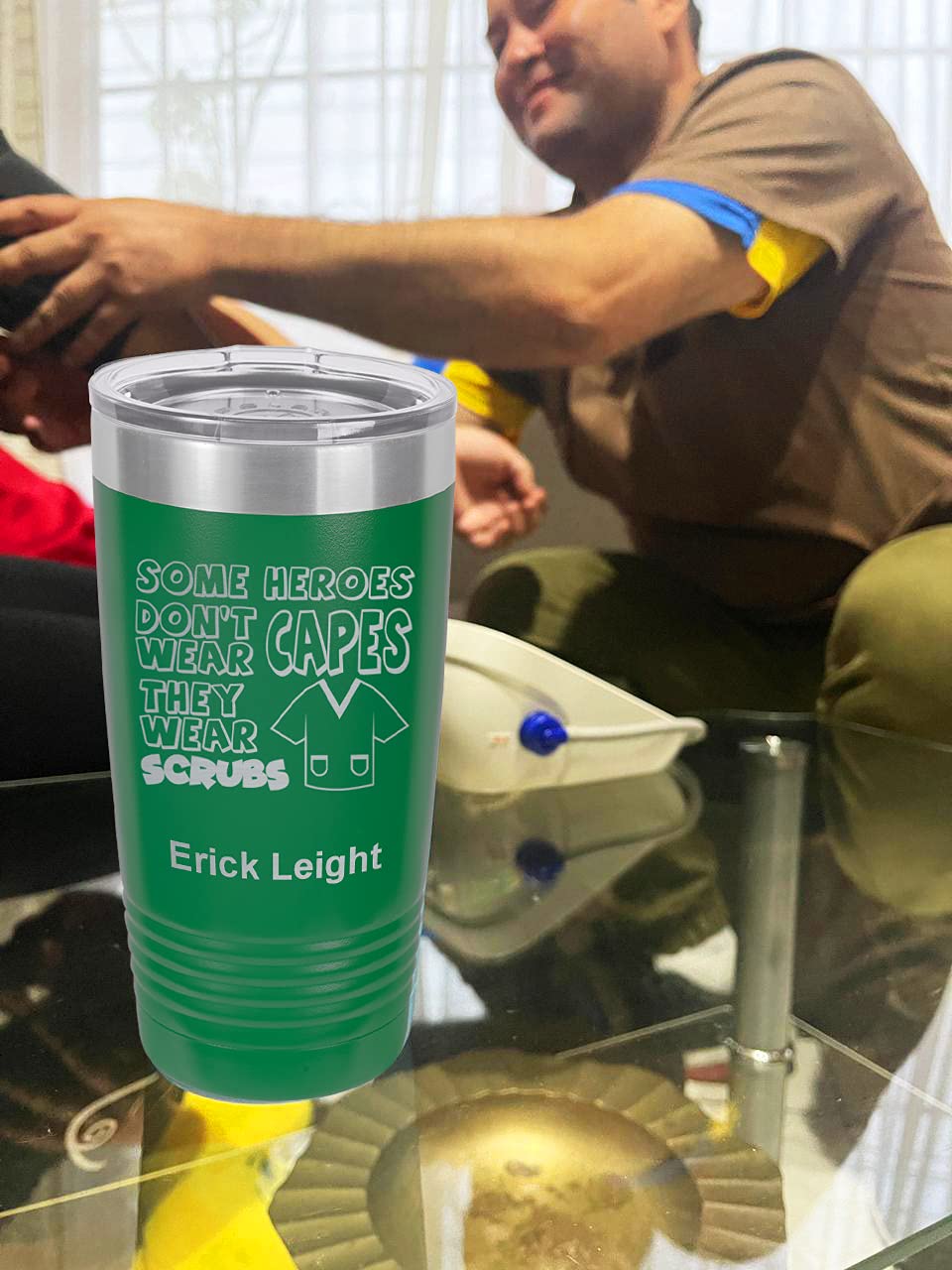 LaserGram 20oz Tumbler Mug | Some Heroes don't Wear Capes, They Wear Scrubs | Personalized Engraving Included (Green)