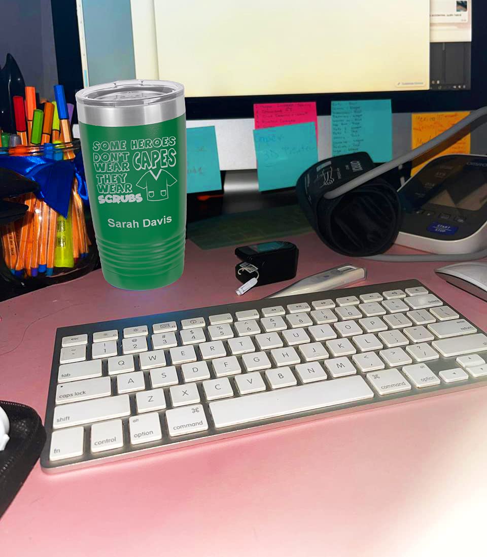 LaserGram 20oz Tumbler Mug | Some Heroes don't Wear Capes, They Wear Scrubs | Personalized Engraving Included (Green)