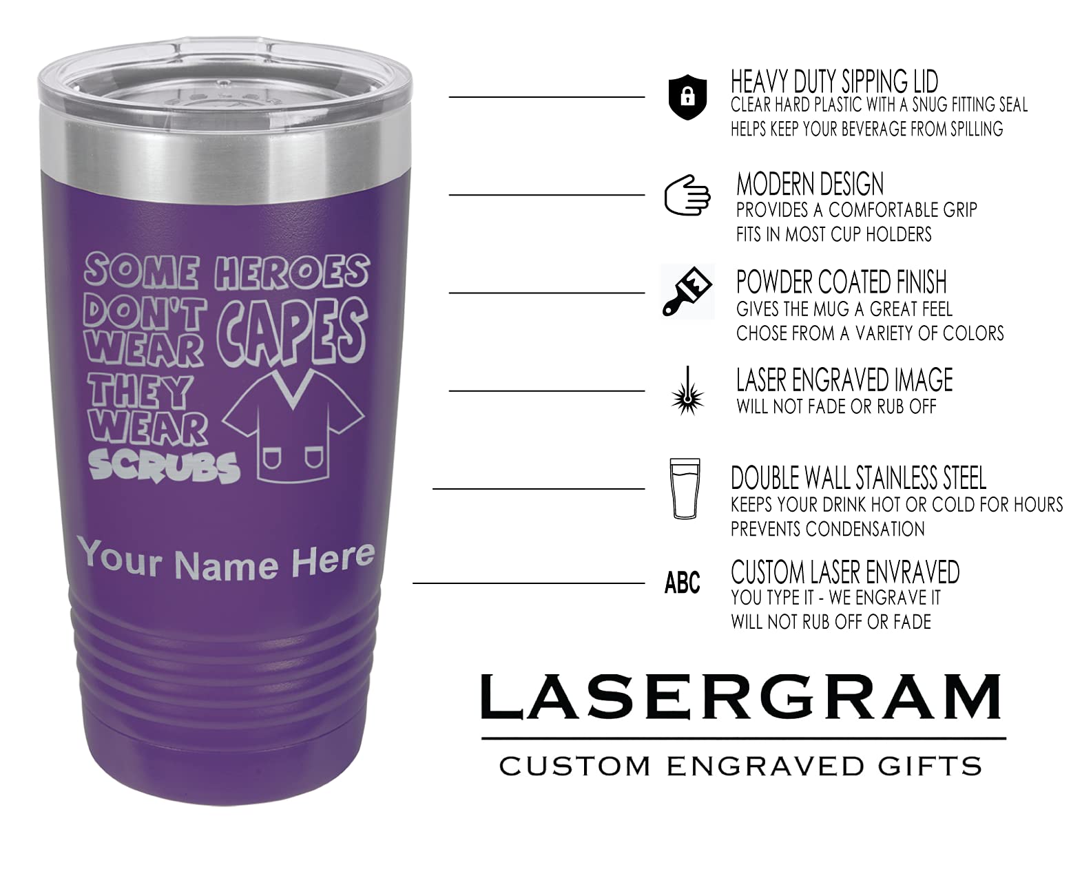 LaserGram 20oz Tumbler Mug | Some Heroes don't Wear Capes, They Wear Scrubs | Personalized Engraving Included (Dark Purple)