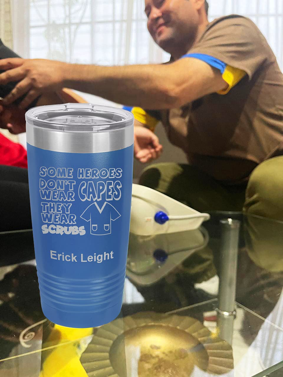 LaserGram 20oz Tumbler Mug | Some Heroes don't Wear Capes, They Wear Scrubs | Personalized Engraving Included (Dark Blue)