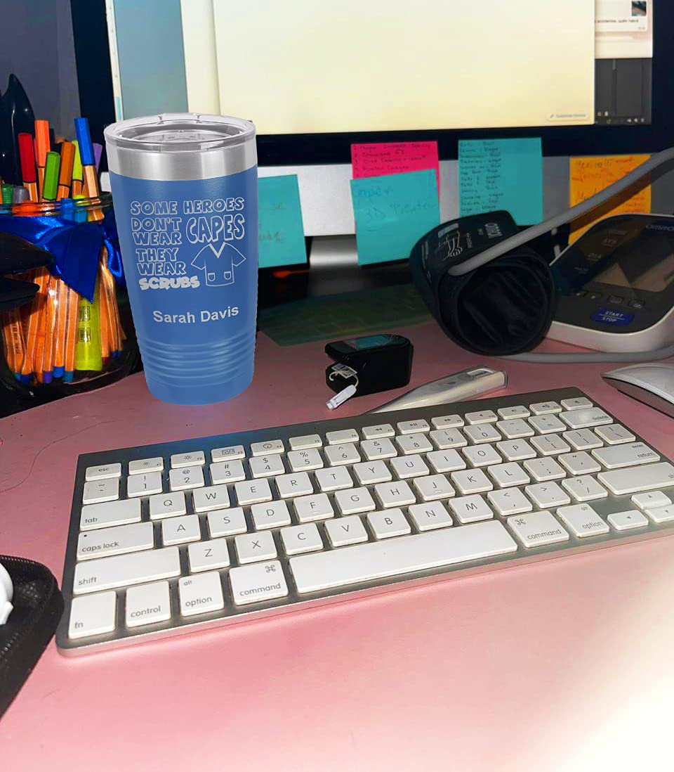 LaserGram 20oz Tumbler Mug | Some Heroes don't Wear Capes, They Wear Scrubs | Personalized Engraving Included (Dark Blue)