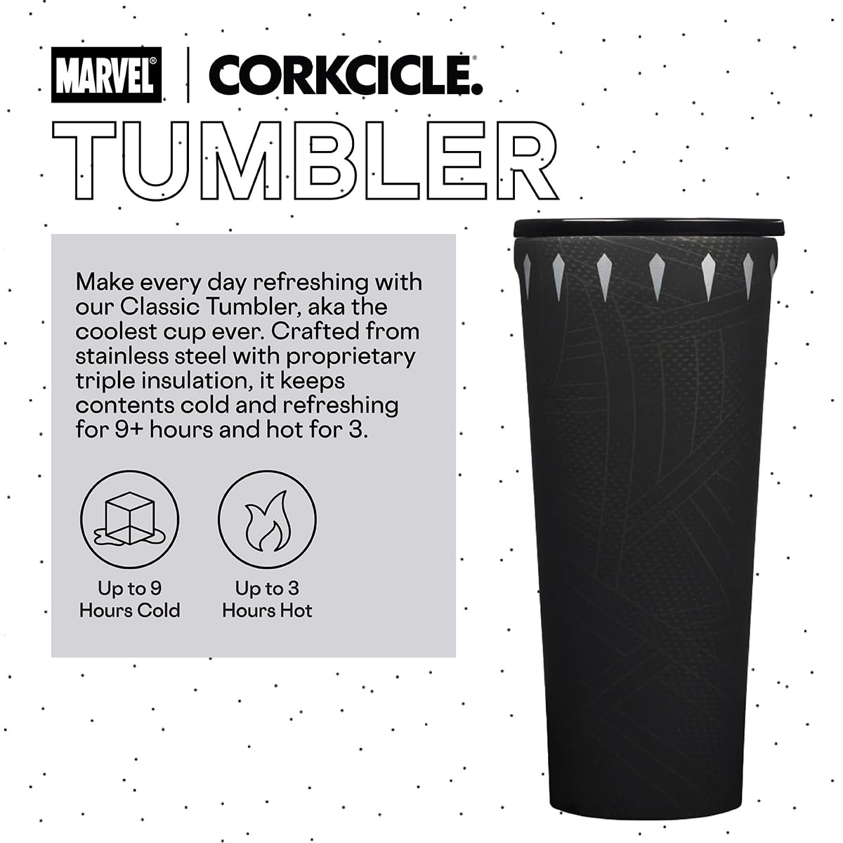 Corkcicle Marvel 24 Ounce Triple Insulated Stainless Steel Travel Cup Tumbler with Lid and Silicone Bottom for Hot and Cold Drinks, Black Panther