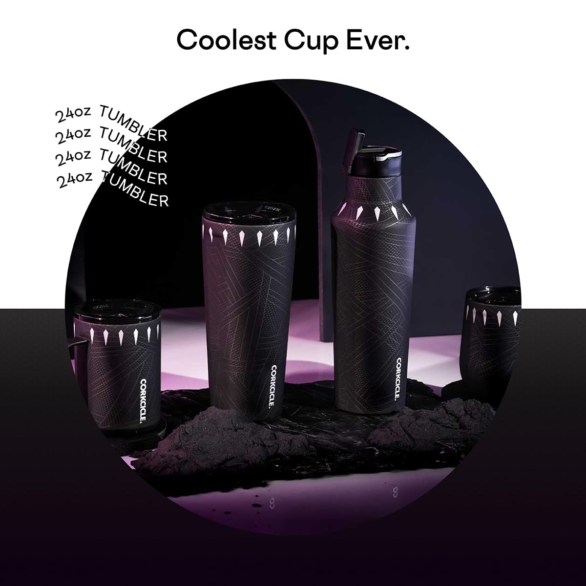 Corkcicle Marvel 24 Ounce Triple Insulated Stainless Steel Travel Cup Tumbler with Lid and Silicone Bottom for Hot and Cold Drinks, Black Panther