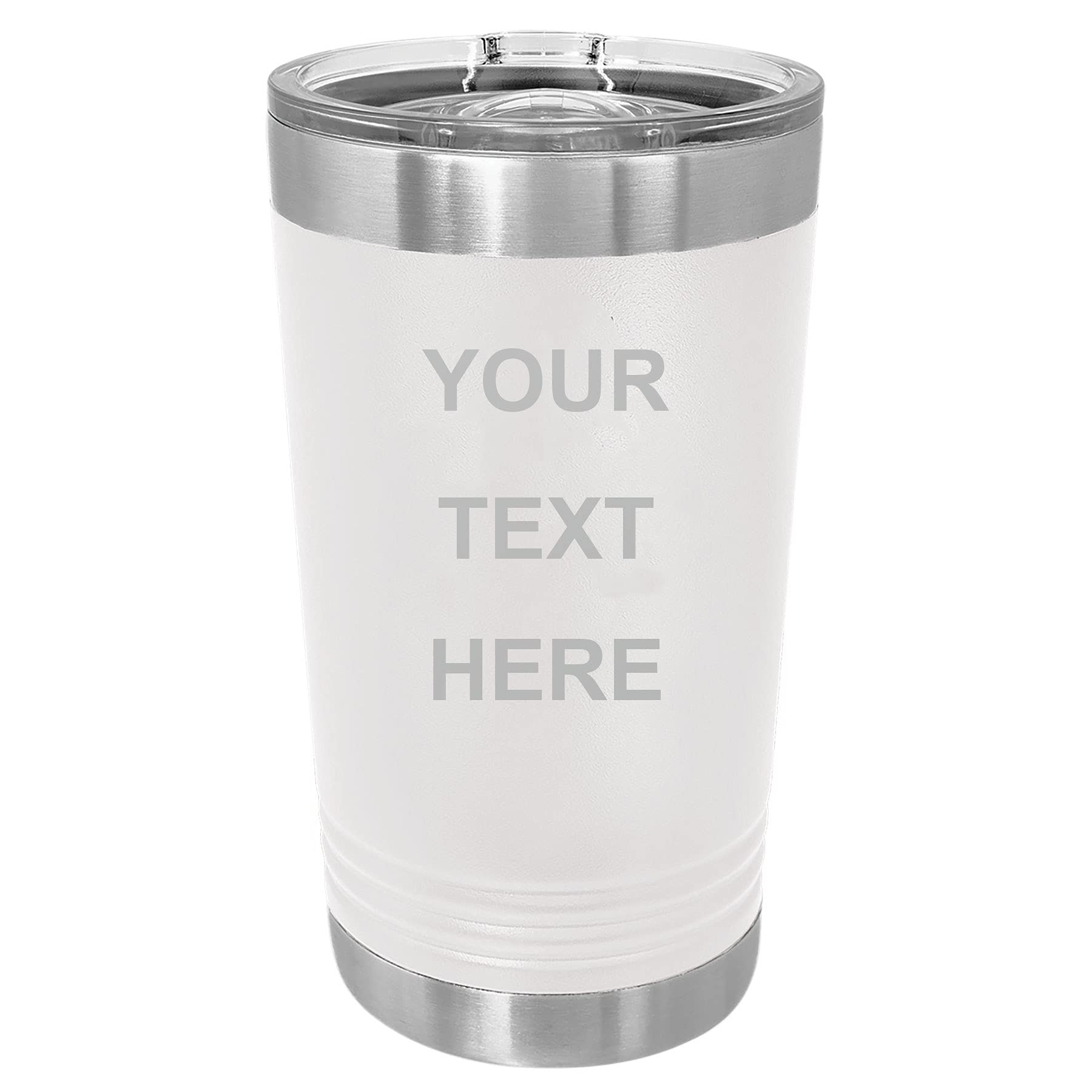 Personalized Add Your Custom Text Insulated 16-Ounce Beer Beverage Pint Travel Tumbler Drink Coffee Double-Walled Insulated Stainless Steel Mug - Customizable (White)