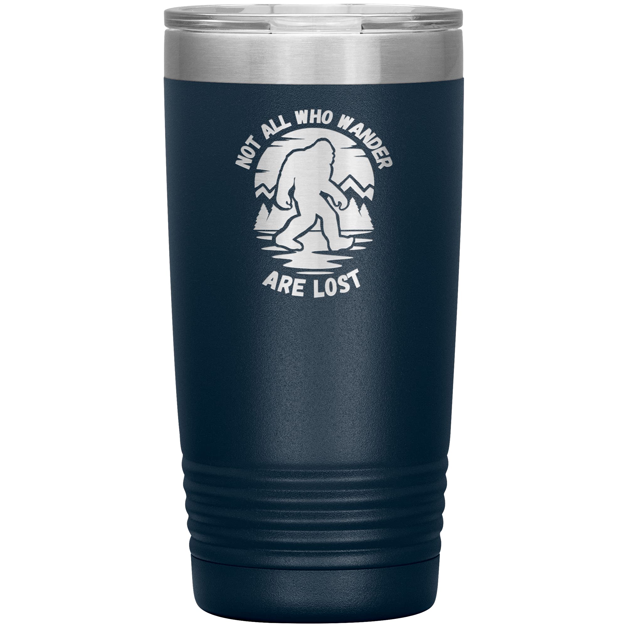 Bigfoot Tumbler Cup with Lid - Not All Who Wander Are Lost - Double Walled, Insulated Sasquatch Travel Coffee Mug - 20 oz (Navy)