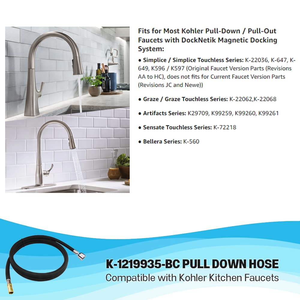 Kitchen Faucet Parts Replacement for Kohler Faucet K-1304674-BC to Hose Adapter extender, sink hose attachment for faucet K-1219935-BC, 67" Inches Pull Down Hose, Bright Chrome Finish