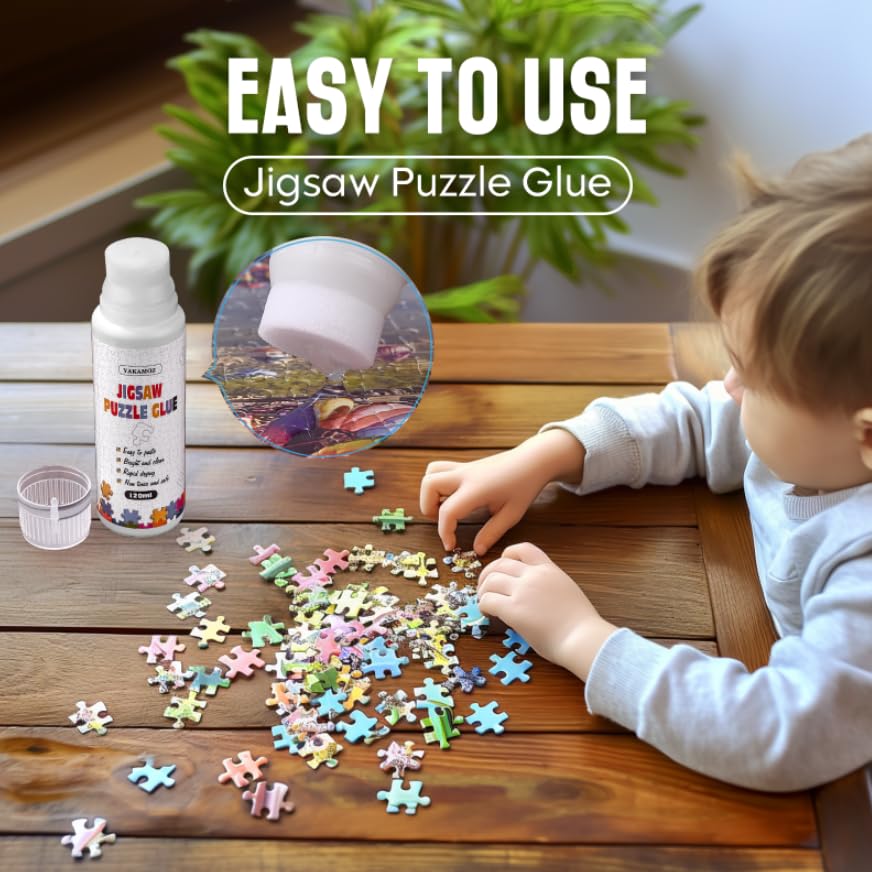 YAKAMOZ Updated Jigsaw Puzzle Glue With New Sponge Head for Adults - Clear Water-Soluble Special Craft Glue, Quick Dry for 1000/1500/3000 Pieces, 120ML