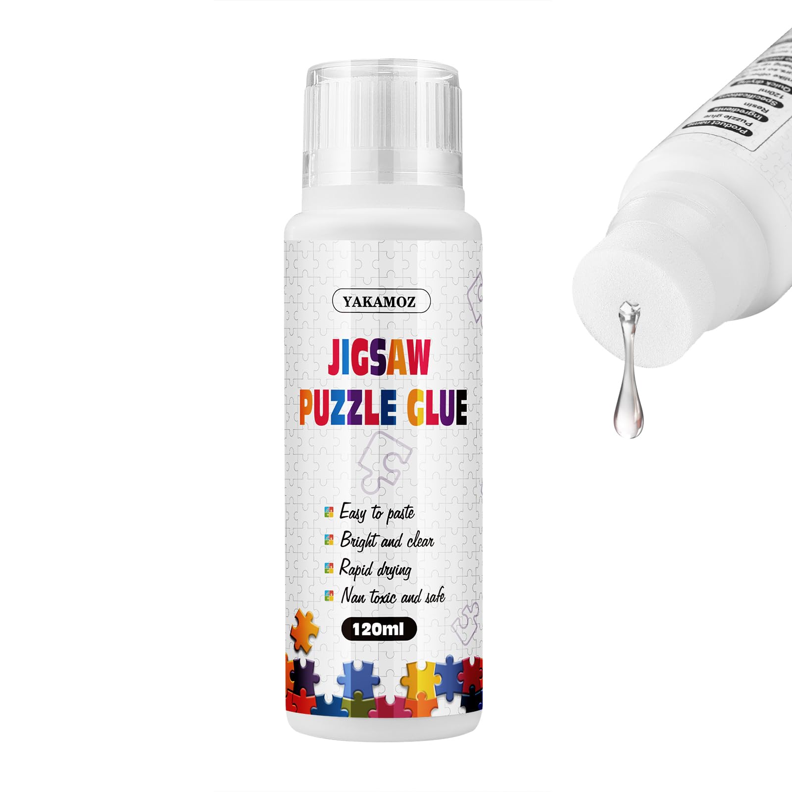 YAKAMOZ Updated Jigsaw Puzzle Glue With New Sponge Head for Adults - Clear Water-Soluble Special Craft Glue, Quick Dry for 1000/1500/3000 Pieces, 120ML