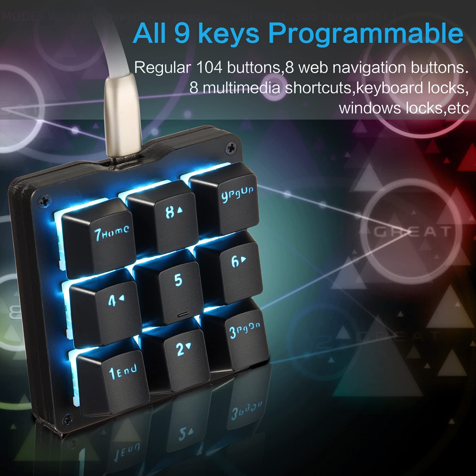 Koolertron Mechanical Numpad Macro Keyboard, 9-Key Numeric Keypad LED Backlit Gaming Keyboard, Fully Programmable Number Pad Keyboard, Computer High Ground Mechanical Macro Number Keypad