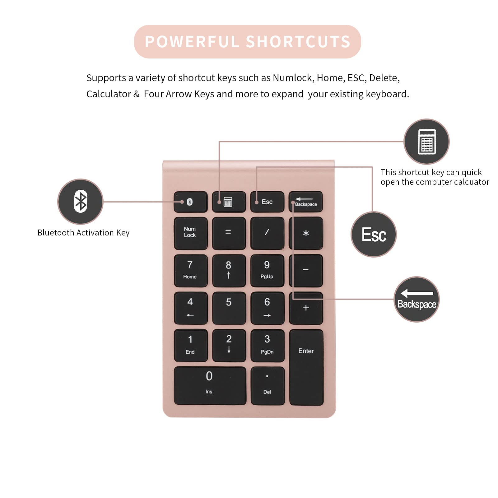 Jopwkuin Bluetooth Number Pad, 22 Keys Number Keypad with Shortcut Key, 10Keys Portable Financial Accounting Number Pad, Bluetooth 5.0 Numeric Keyboard for Laptop, PC, Desktop, Pad(Rose