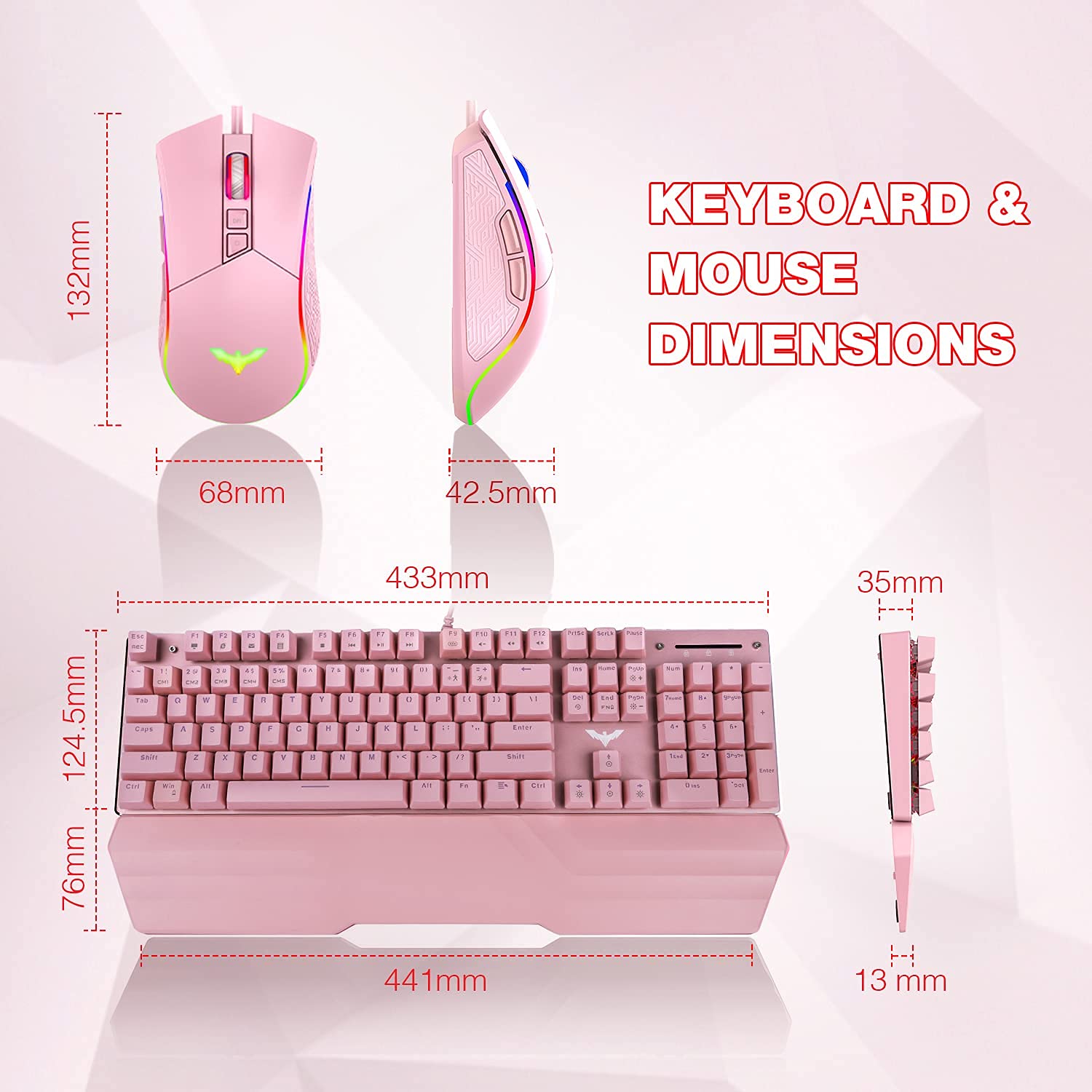 Havit Mechanical Keyboard and Mouse Combo RGB Gaming 104 Keys Blue Switches Wired USB Keyboards with Detachable Wrist Rest, Programmable Gaming Mouse for PC Gamer Computer Desktop (Pink) (Renewed)