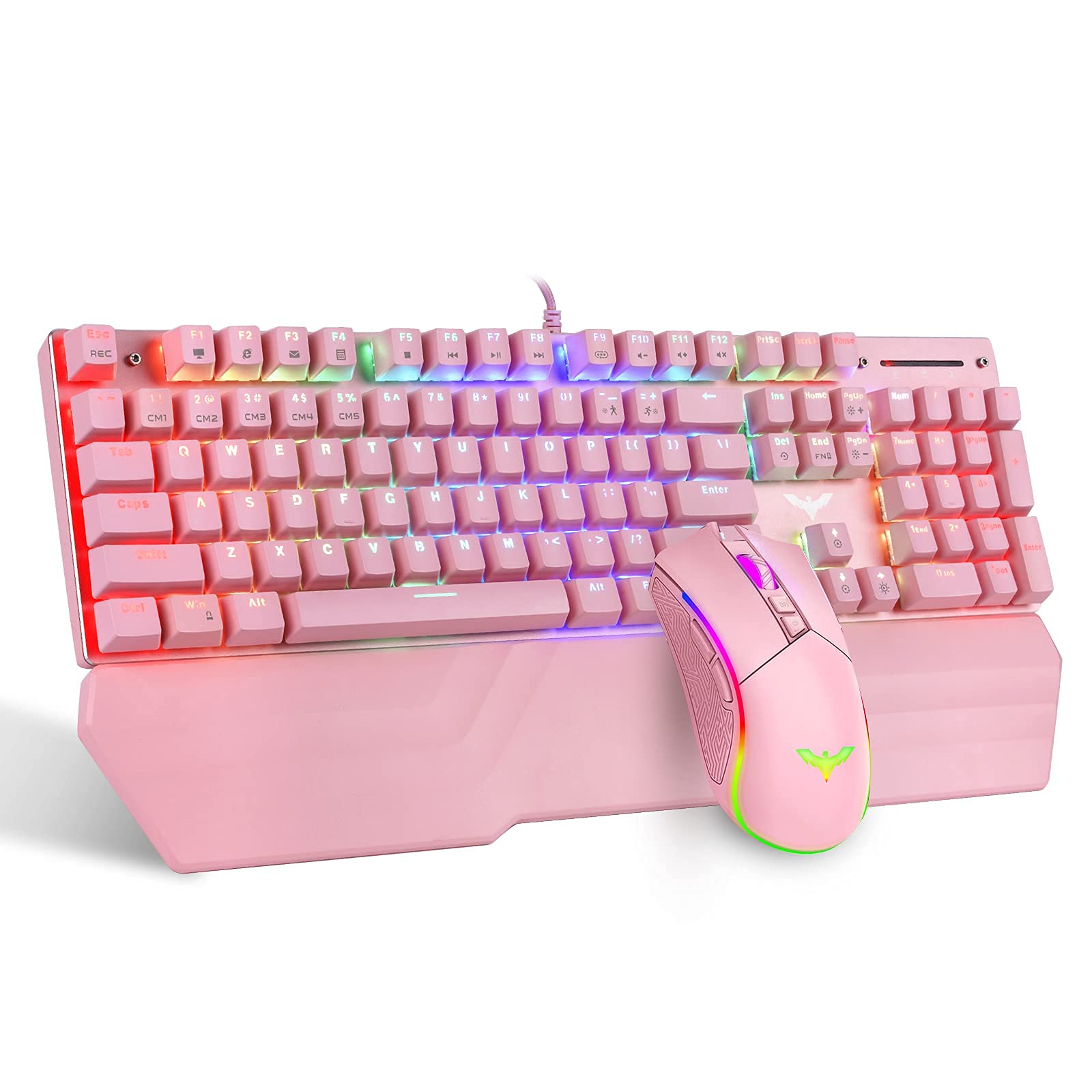 Havit Mechanical Keyboard and Mouse Combo RGB Gaming 104 Keys Blue Switches Wired USB Keyboards with Detachable Wrist Rest, Programmable Gaming Mouse for PC Gamer Computer Desktop (Pink) (Renewed)