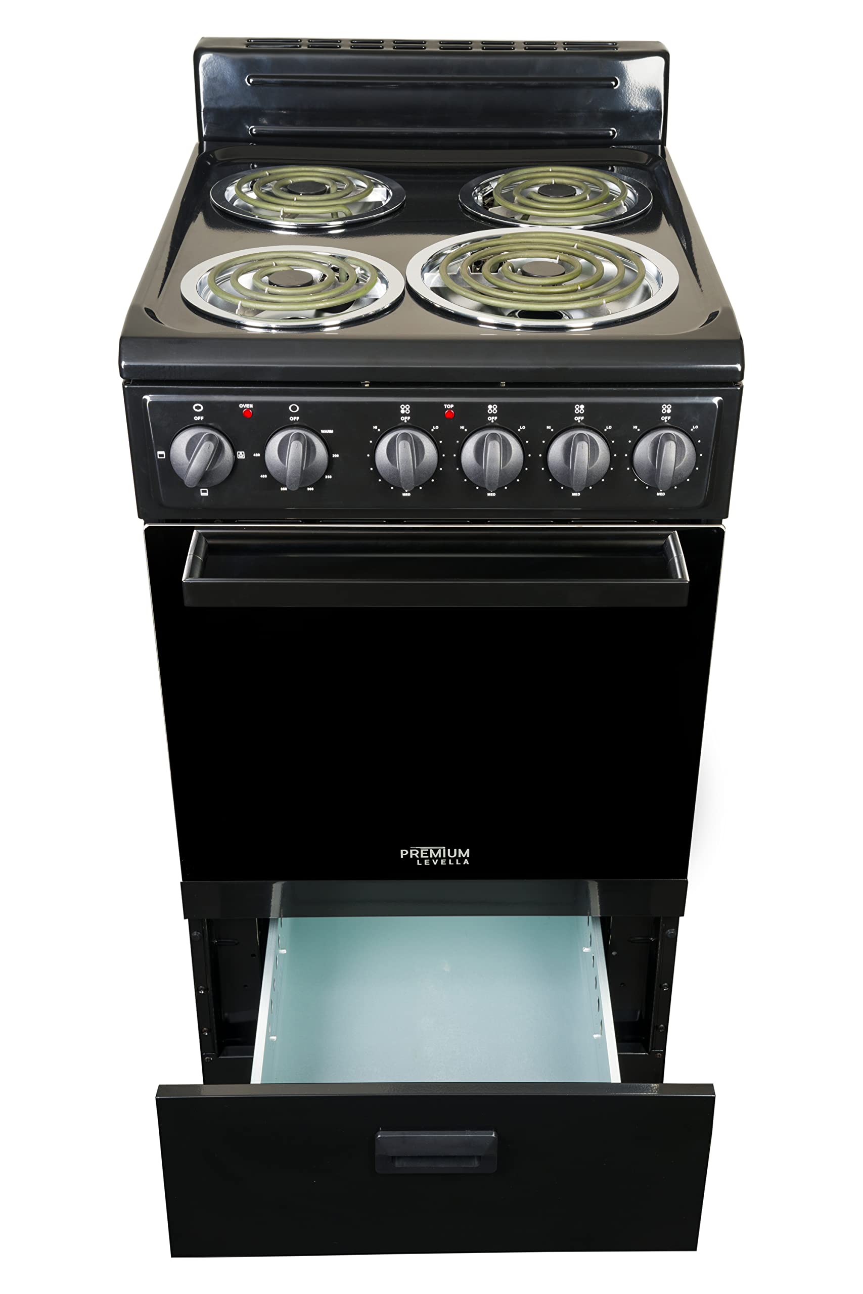 Premium Levella PRE2027GB 20 in Freestanding Electric Range with 4 Coil Burners and 2.2 Cu. Ft. Single Oven Capacity with Lower Storage Drawer in Black