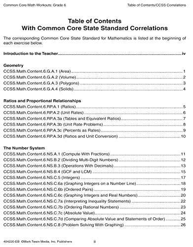 Mark Twain Common Core Math Workouts Resource Book, Grade 6, Ages 11 - 12, 64 Pages