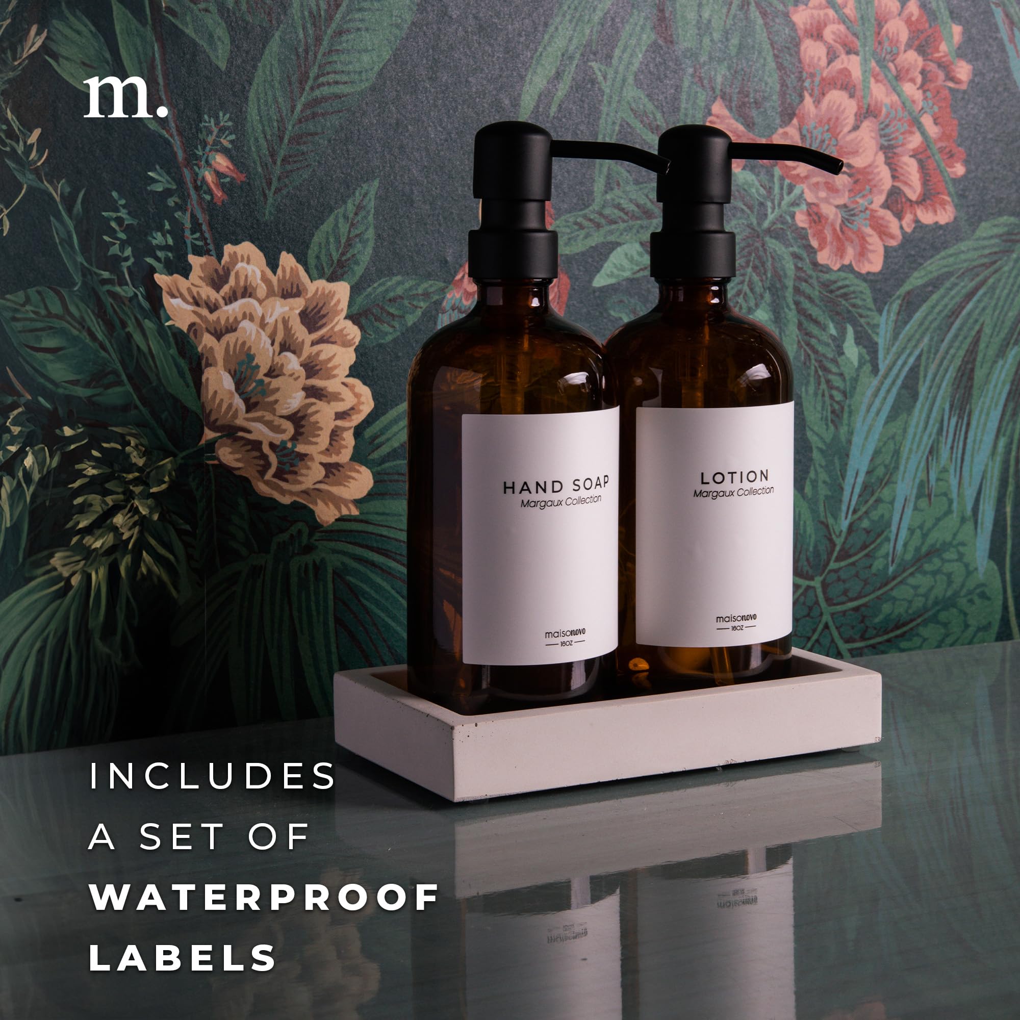 MaisoNovo Soap Dispenser 3-Piece Set | 16.9oz Amber Bottles with Black Stainless Steel Pumps