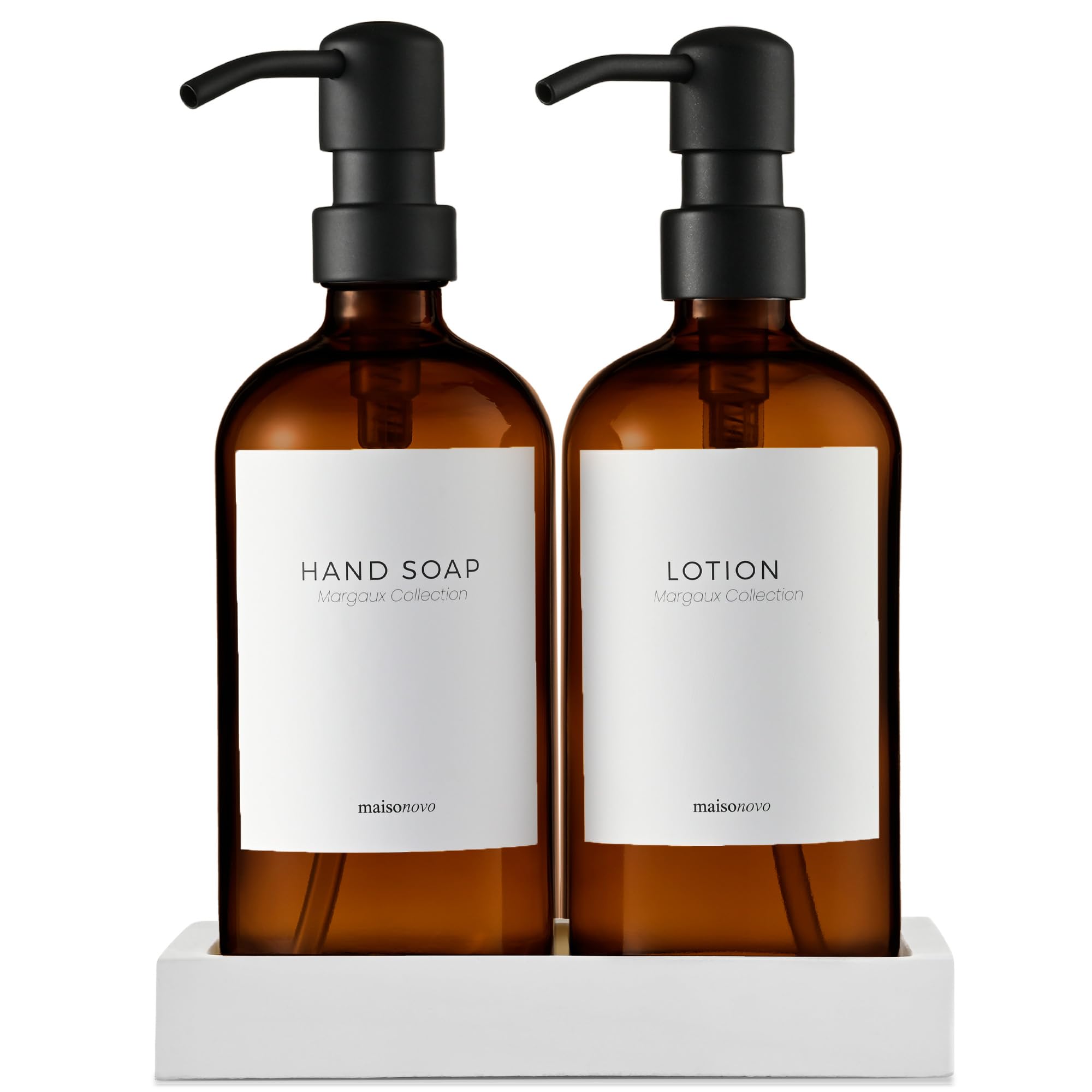 MaisoNovo Soap Dispenser 3-Piece Set | 16.9oz Amber Bottles with Black Stainless Steel Pumps