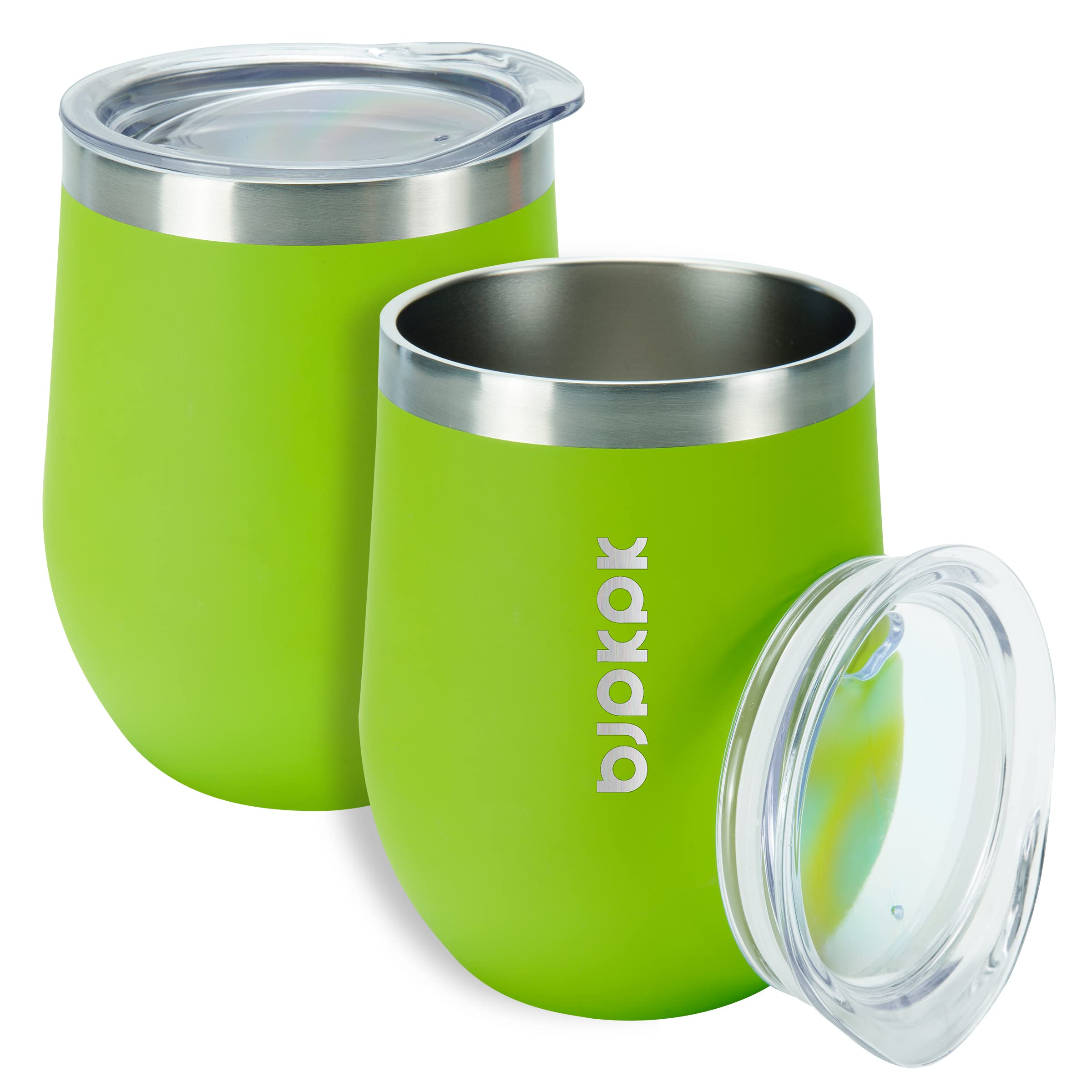 BJPKPK 2 pcs 12oz Insulated Wine Tumblers, 12oz Double Wall Vacuum Coffee Mugs with Lid, Unbreakable Stainless Steel Wine Glasses, Insulated Coffee Cups for Home & Outdoor, Green