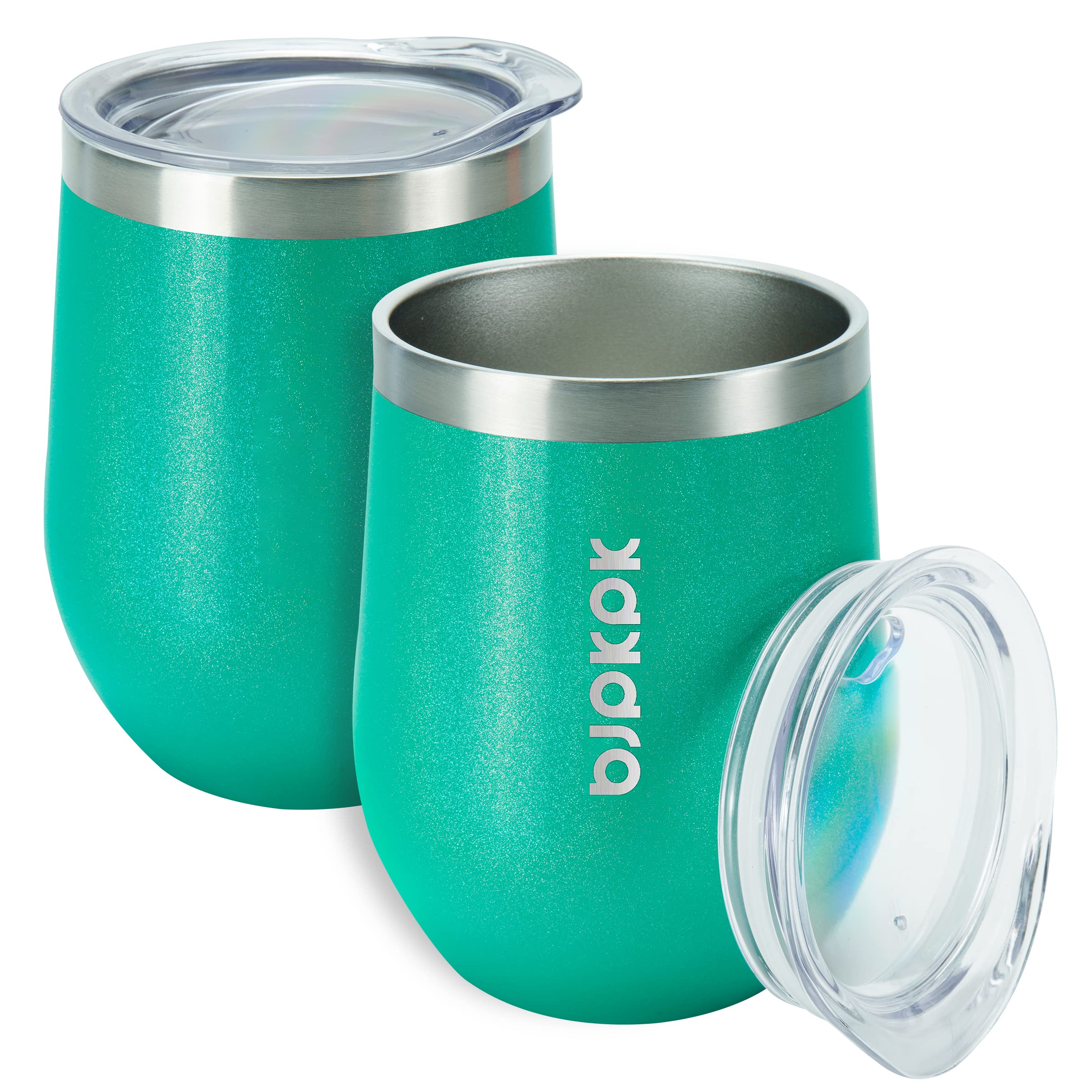 BJPKPK 2 pcs 12oz Insulated Wine Tumblers, 12oz Double Wall Vacuum Coffee Mugs with Lid, Unbreakable Stainless Steel Wine Glasses, Insulated Coffee Cups for Home & Outdoor, Shimmer-Green