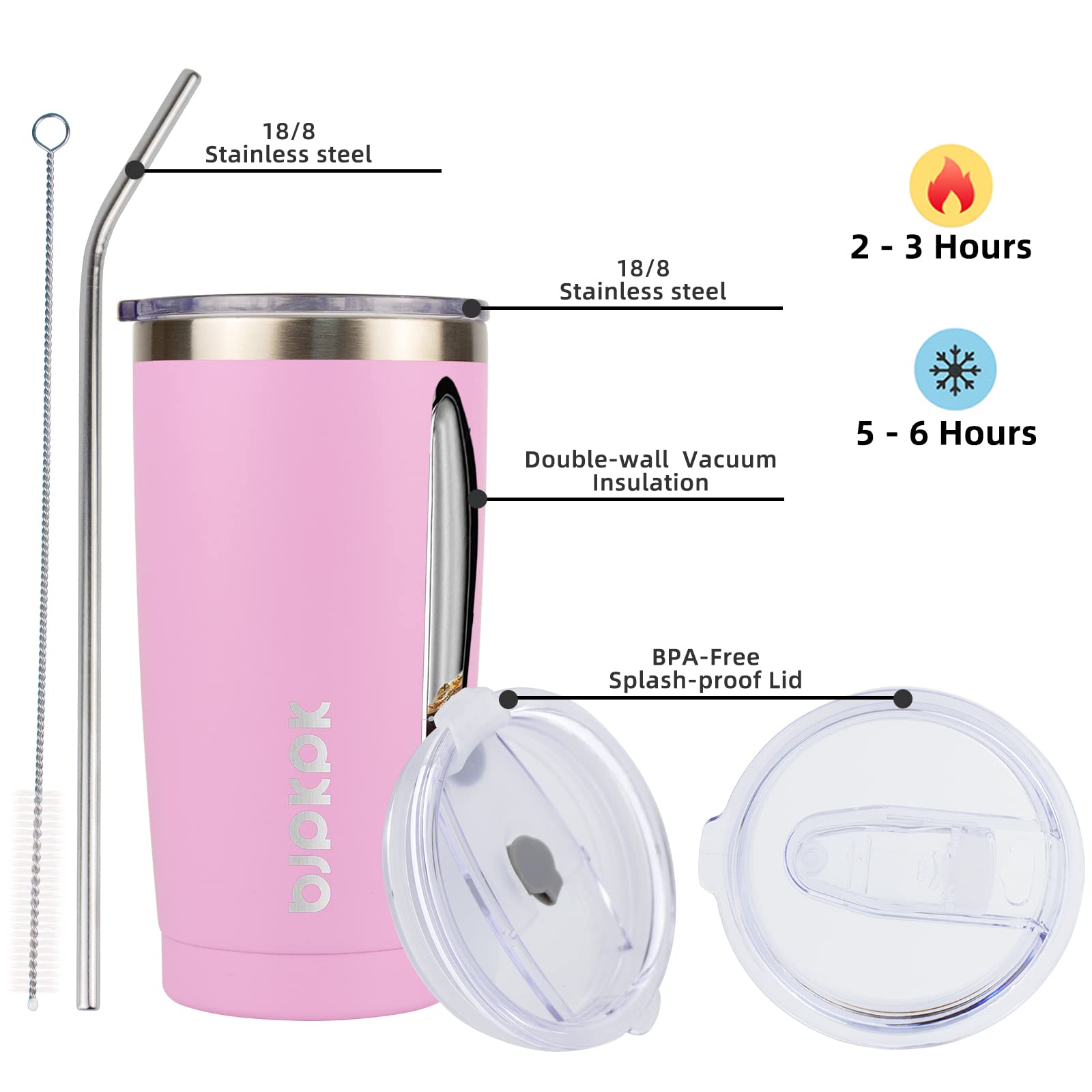 BJPKPK Insulated Tumbler 20 oz Stainless Steel Coffee Travel Thermal Cup With lids And Straws,Light Pink