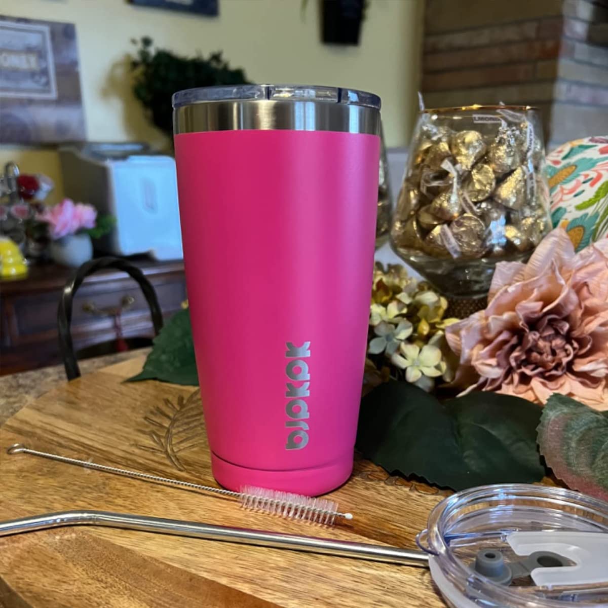 BJPKPK Insulated Tumbler 20 oz Stainless Steel Coffee Travel Thermal Cup With lids And Straws,Light Pink