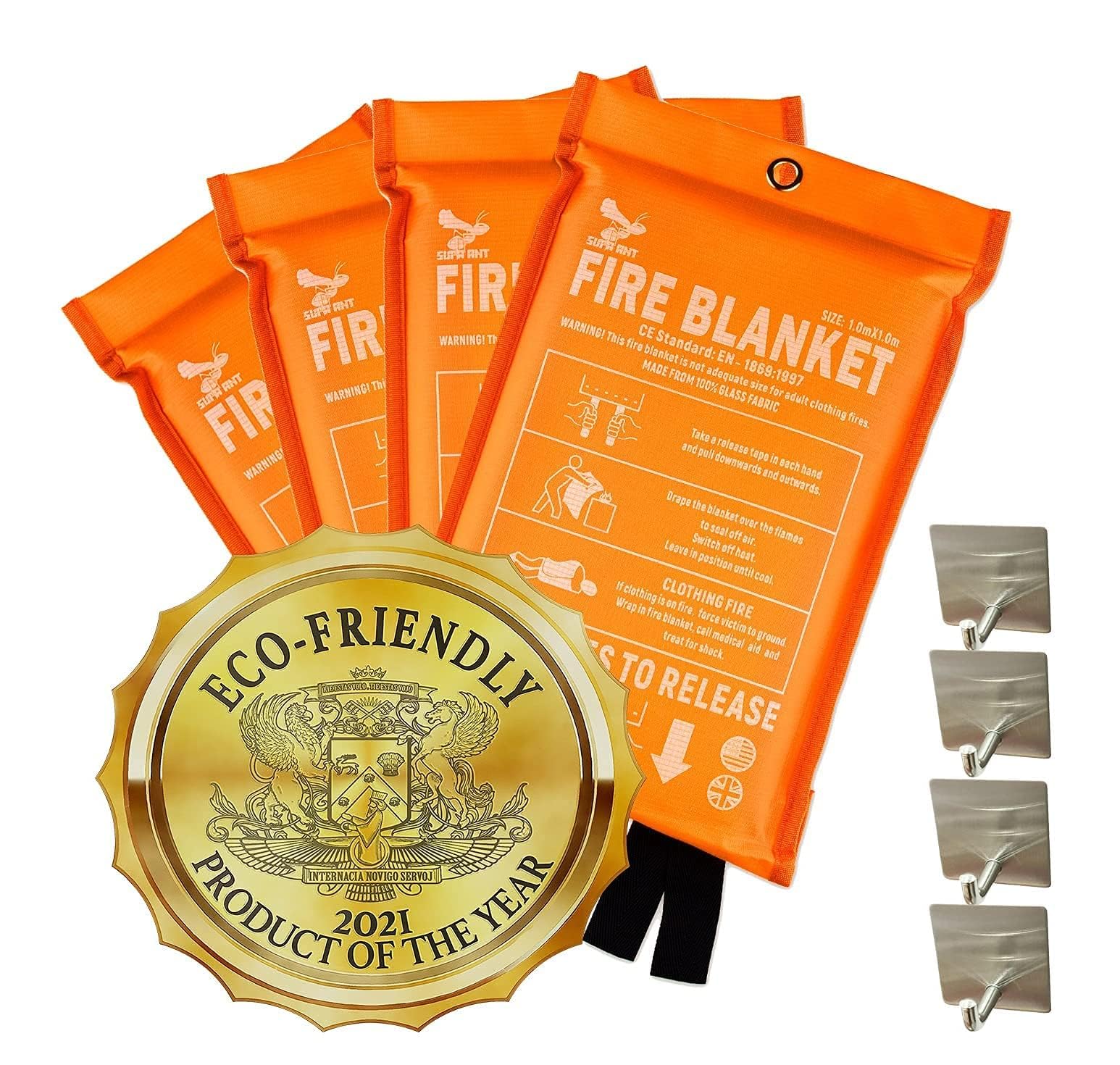 Supa Ant Emergency Fire Blanket for Home and Kitchen - 4 Pack 1500F High Visibility (Glow in The Dark) Smother Kitchen Fire Blanket - CE Certified Hero Fire Blankets Emergency for Home (40in)