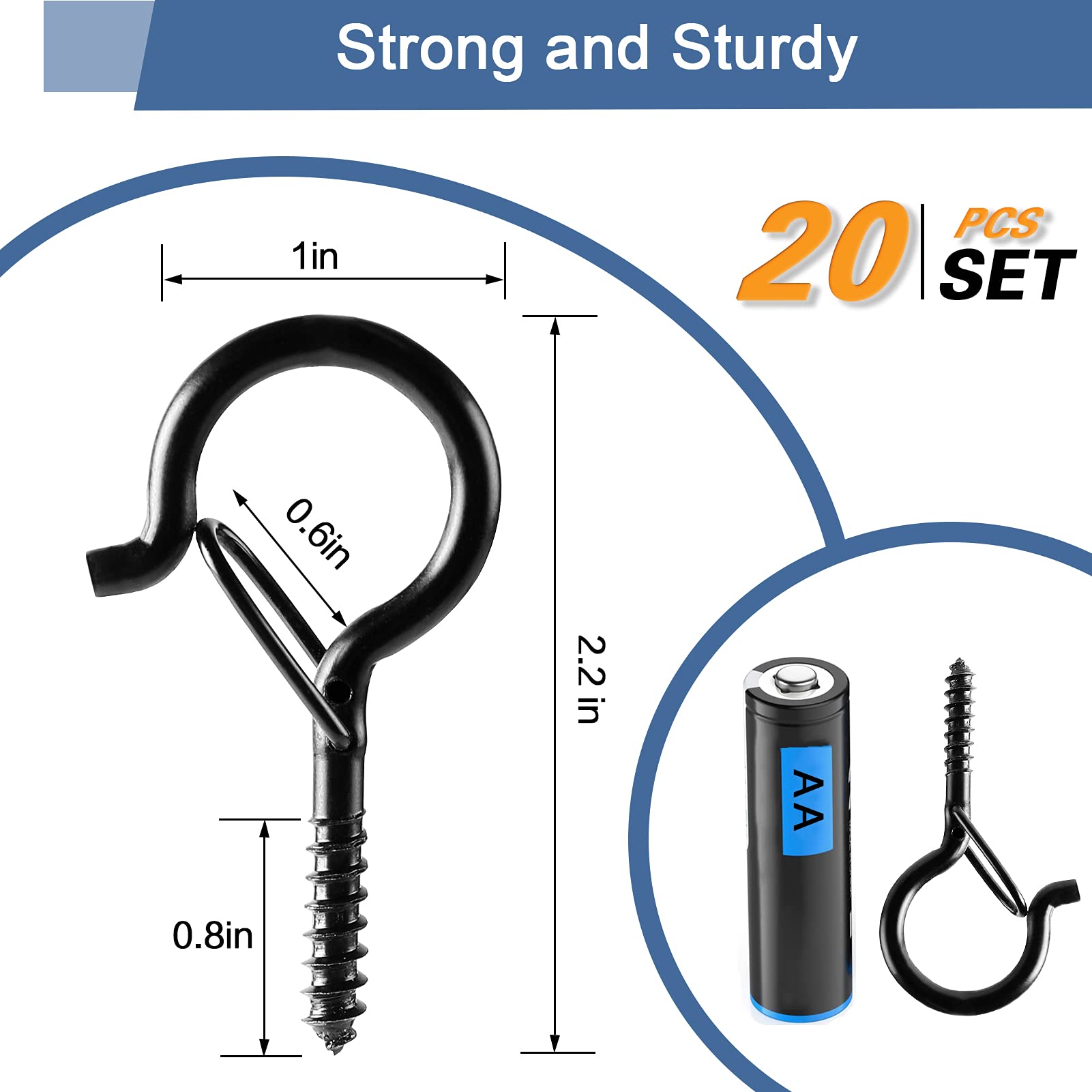 ADIIL 20 PCS Q Hanger Hooks with Safety Buckle, Windproof Screw Hooks for Hanging Outdoor String Lights, Plants, Christmas Patio Lights, 2.2 Inches, Black