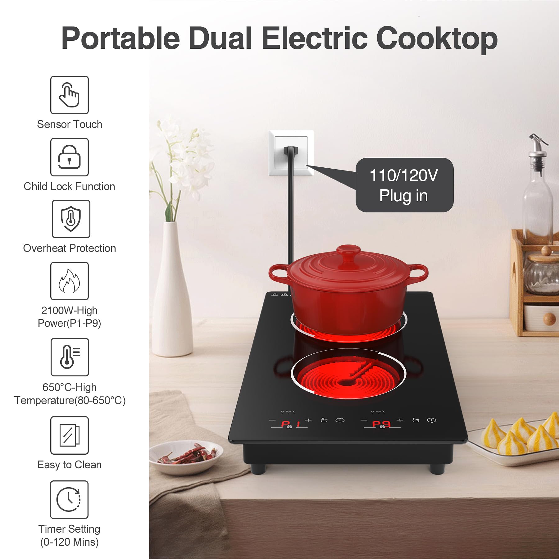 VBGK Electric Cooktop, 12 Inch Built-in Radiant Electric Stove Top,110V 2100W Electric burner with 2 Burners, 9 Heating Level, Timer & Kid Safety Lock, Sensor Touch Control 2 burner Induction Cooktop