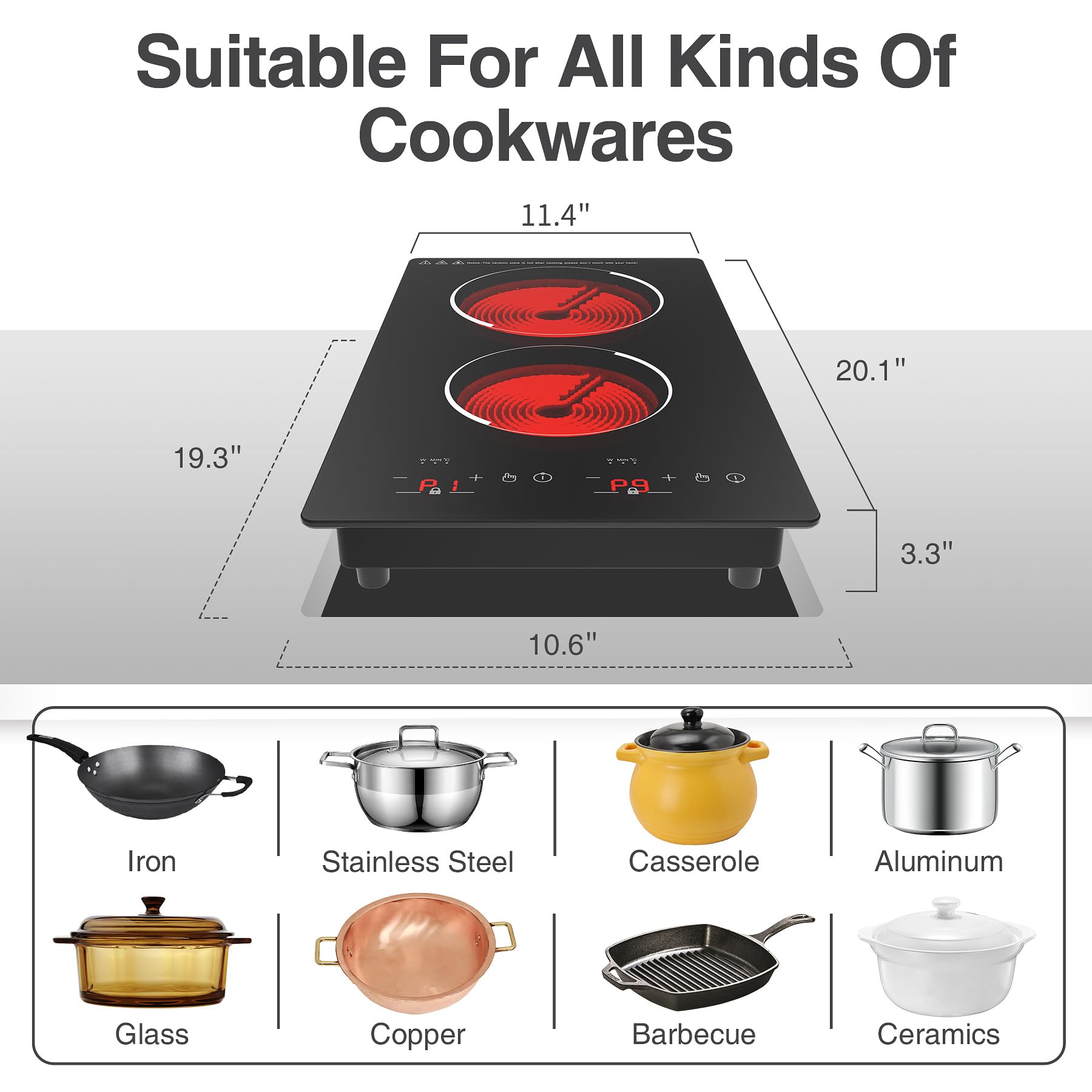 VBGK Electric Cooktop, 12 Inch Built-in Radiant Electric Stove Top,110V 2100W Electric burner with 2 Burners, 9 Heating Level, Timer & Kid Safety Lock, Sensor Touch Control 2 burner Induction Cooktop